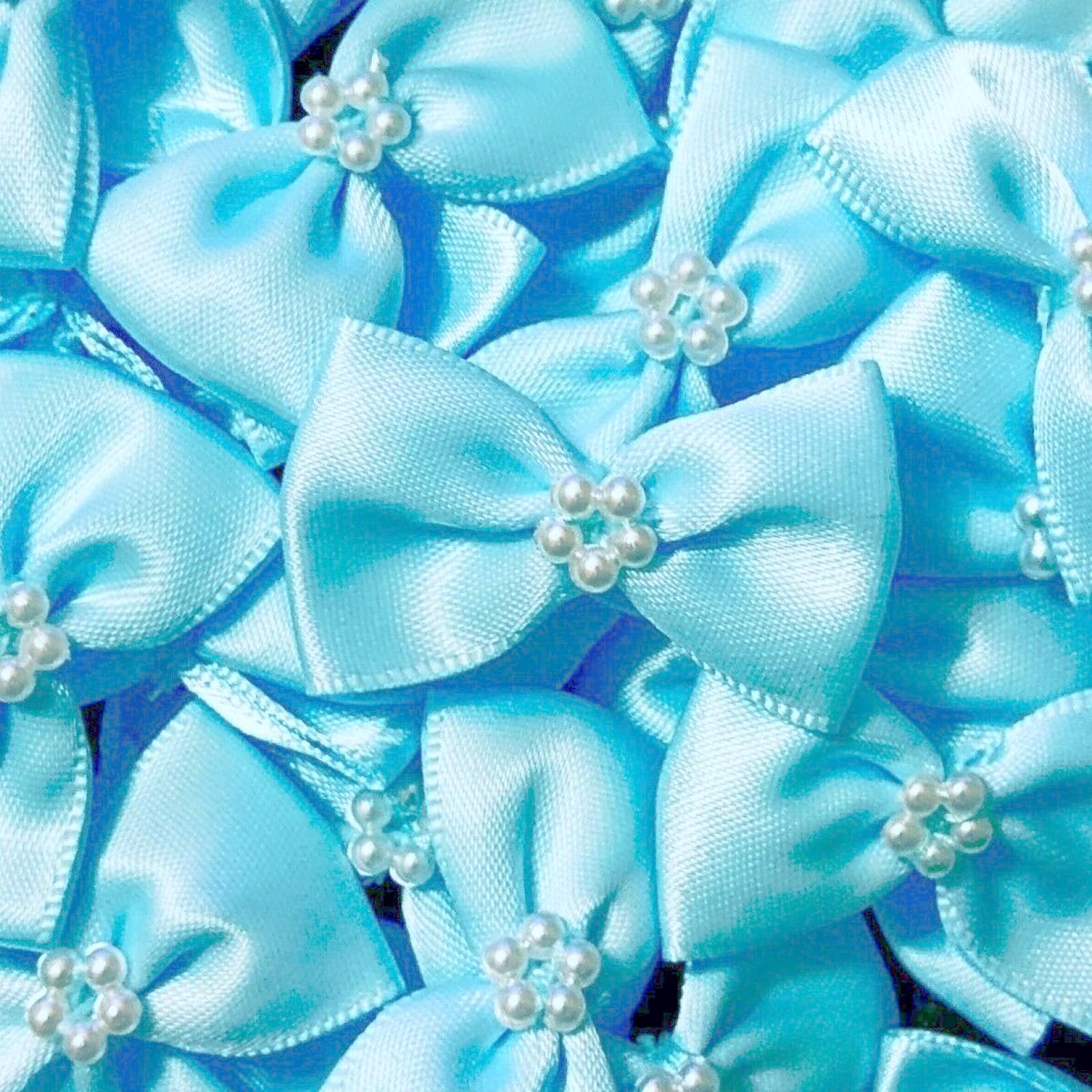 Trucraft - 22mm Dainty Satin Ribbon and Single Pearl Bows - Baby Blue ...