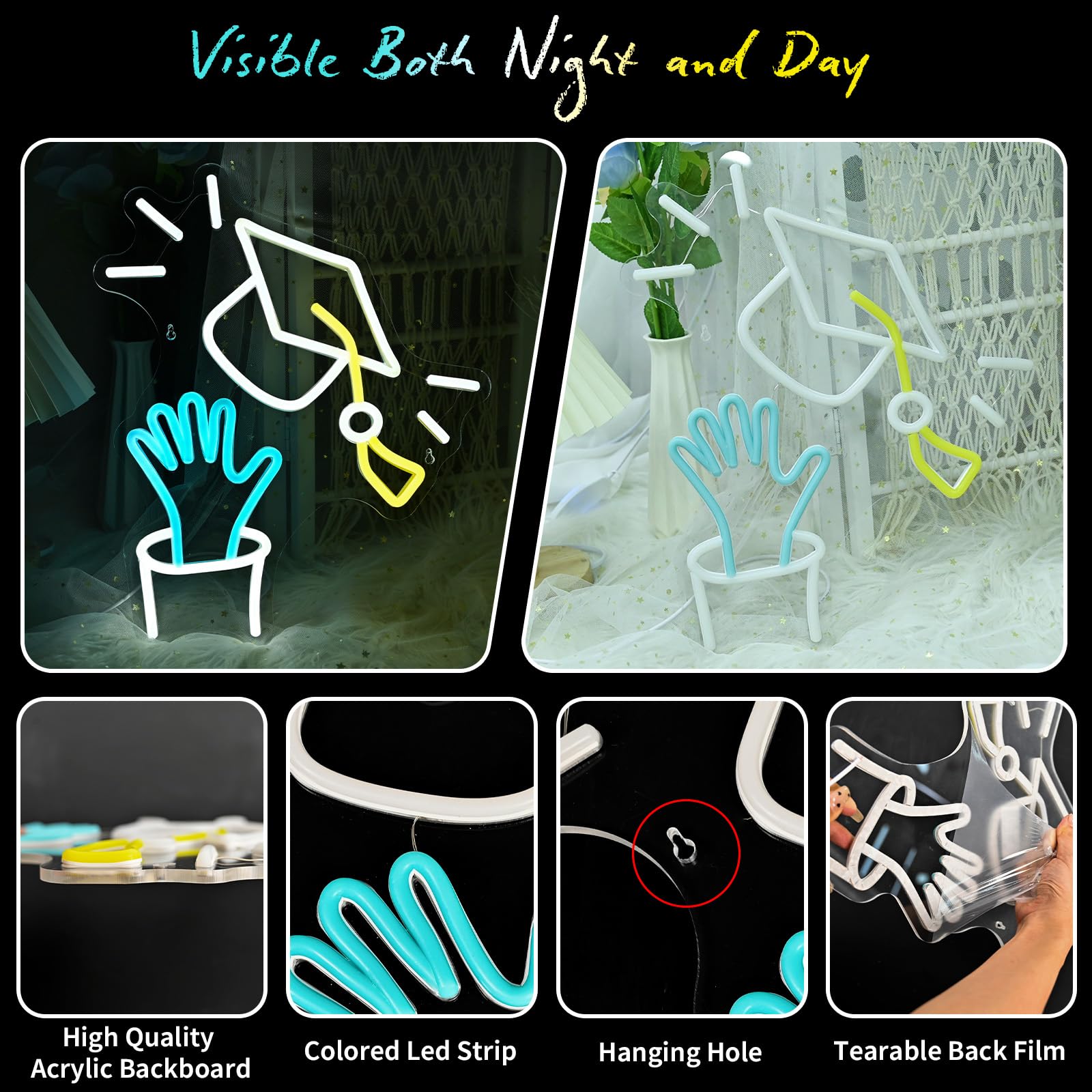 Snapklik.com : Graduation Cap Neon Sign, Ice Blue Gold Congrats Grad ...