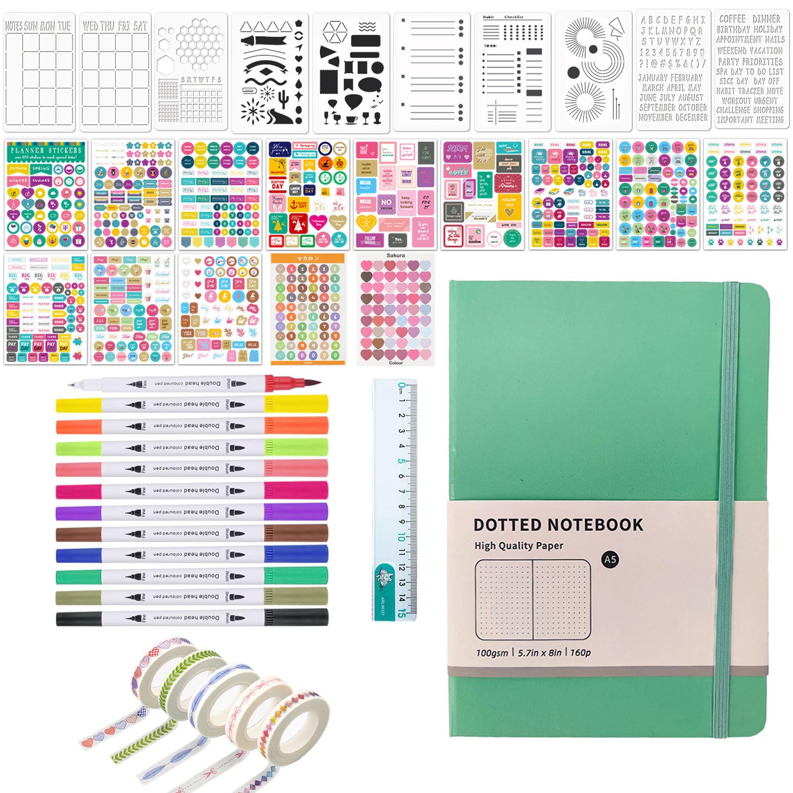 Bullet Dotted Journal Kit, 160 Pages A5 Notebook, Dual Tip Brush ...