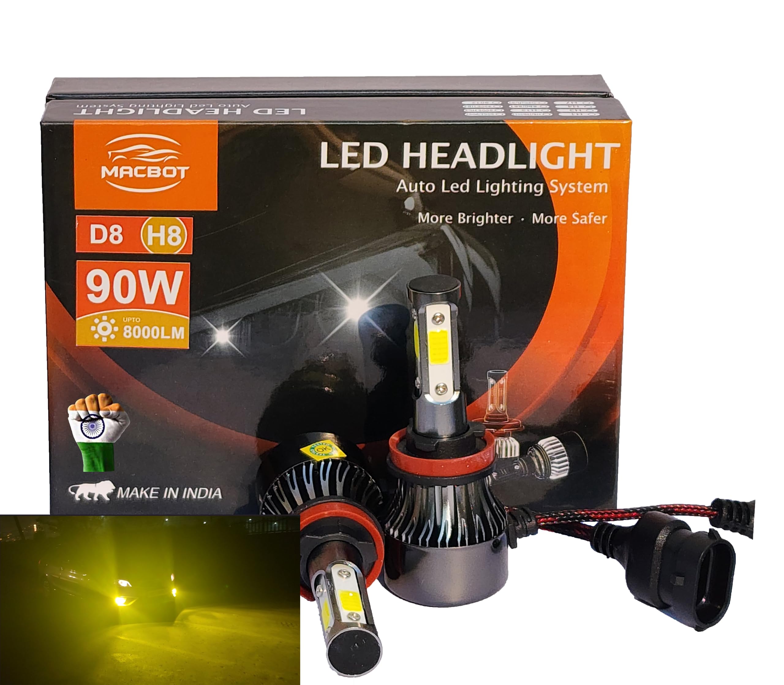 MACBOT H8 Type Yellow LED Fog light Bulb 90 Watt D8-H8, with 1-Year ...