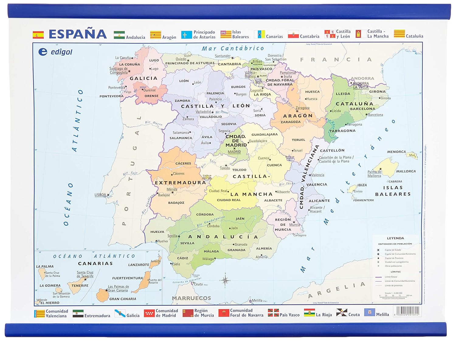 Mapa mini-mural España impreso a una cara Político 50 x 35 cm : Edigol ...