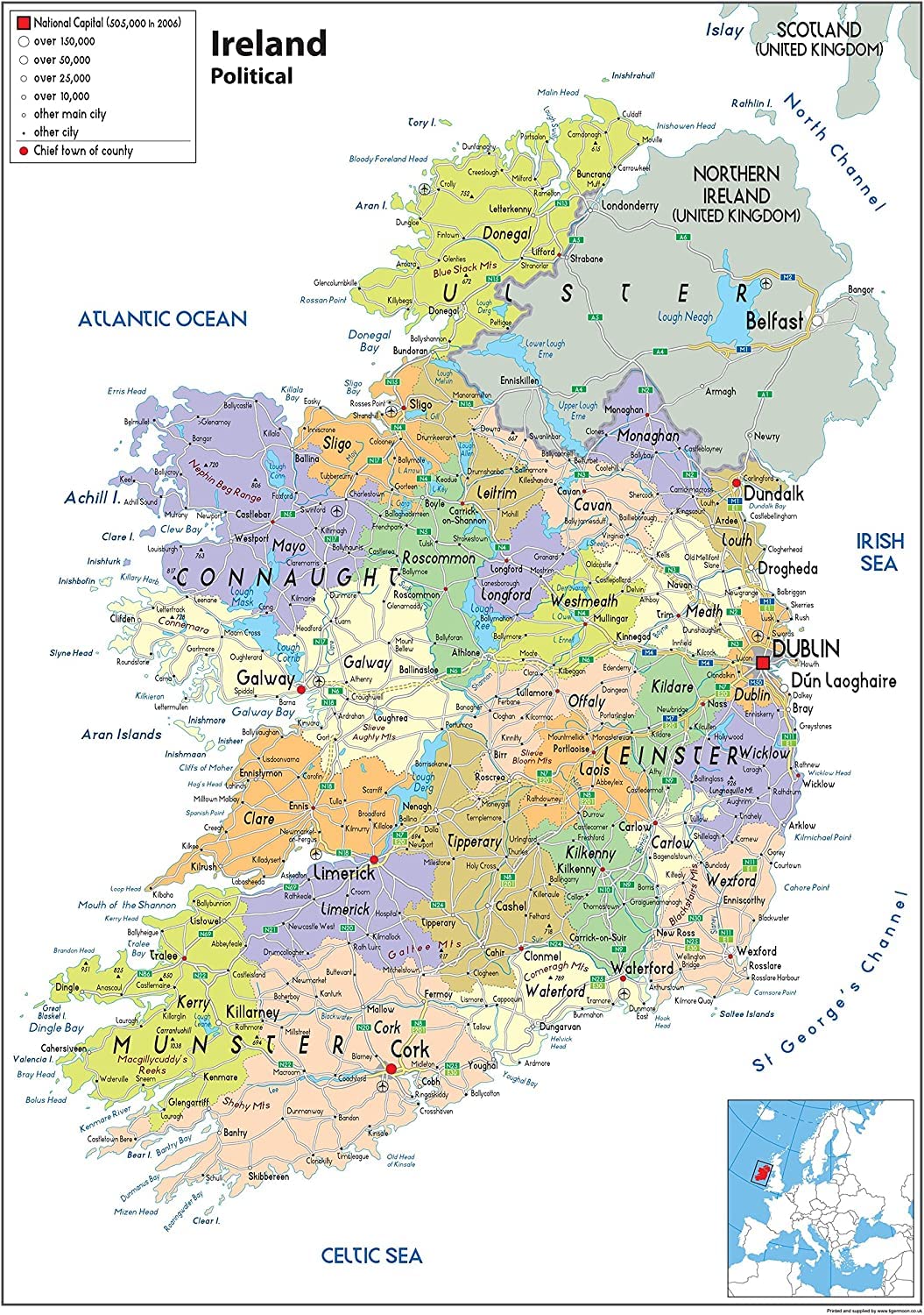 Political Map of Ireland - Size A0-84.1 x 118.9cm - Paper Laminated ...