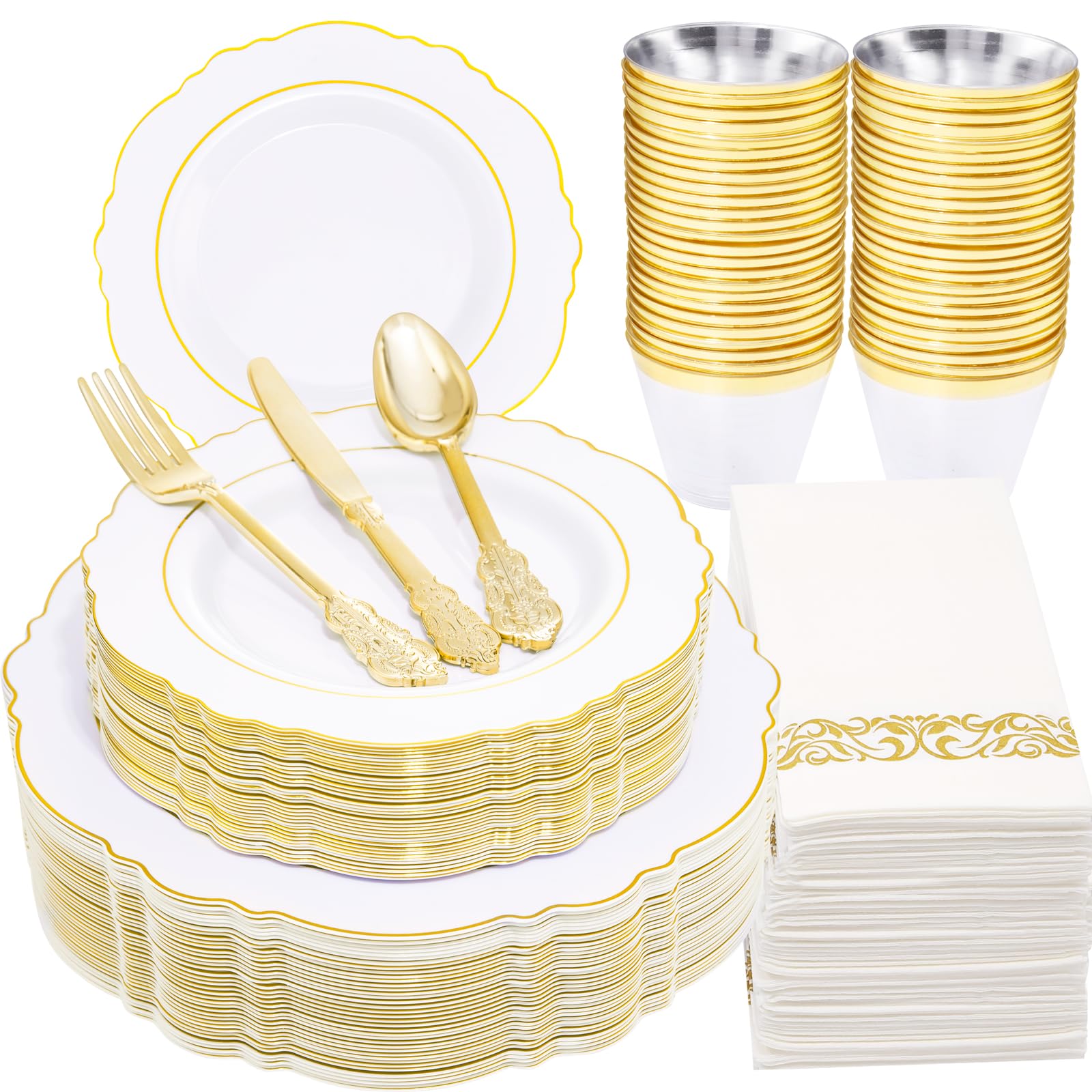 Amazon.com: WDF Partyware 350 Pieces Gold Disposable Plates for 50 ...