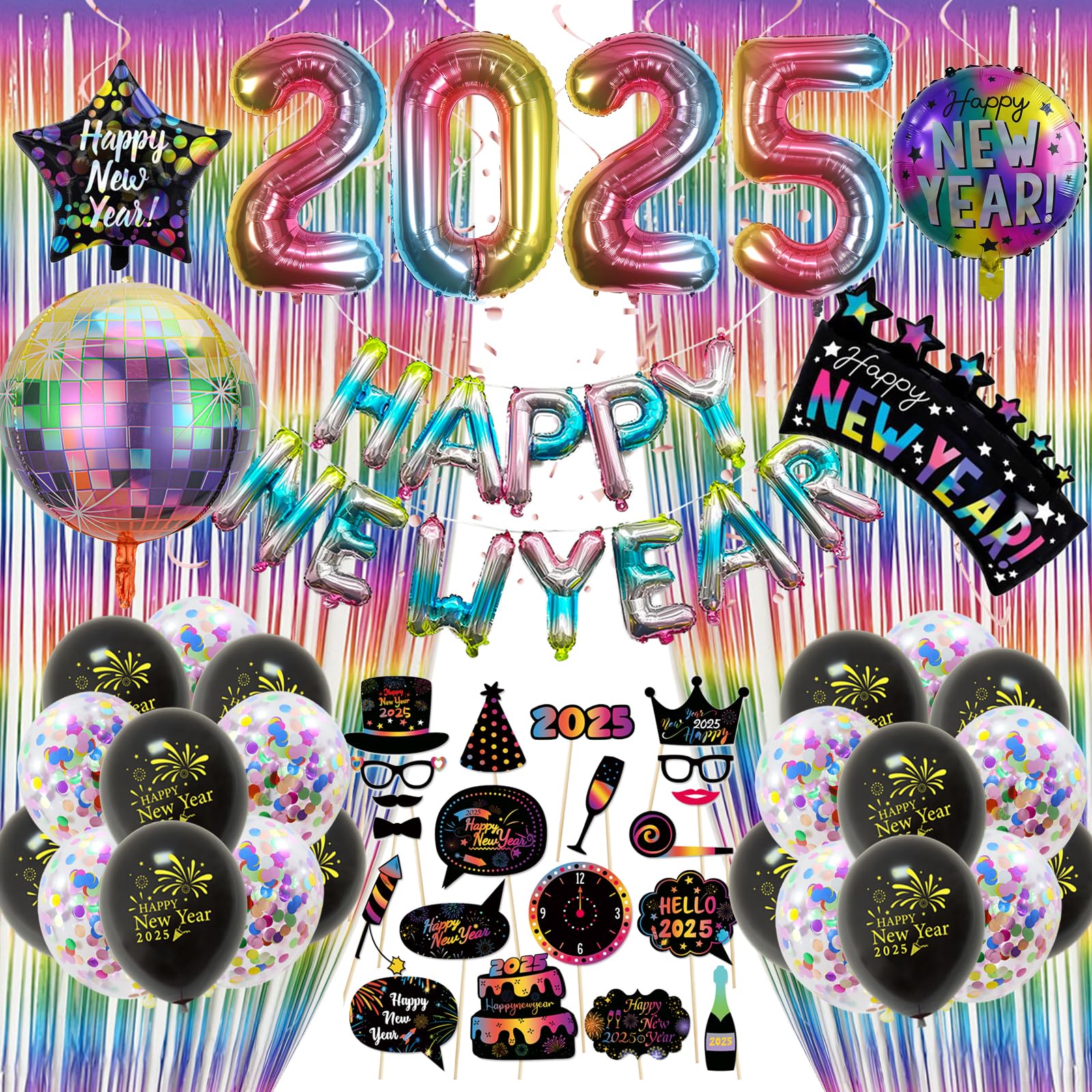 Amazon.com: GYESXYW New Years Eve Party Supplies 2025, Rainbow Black ...