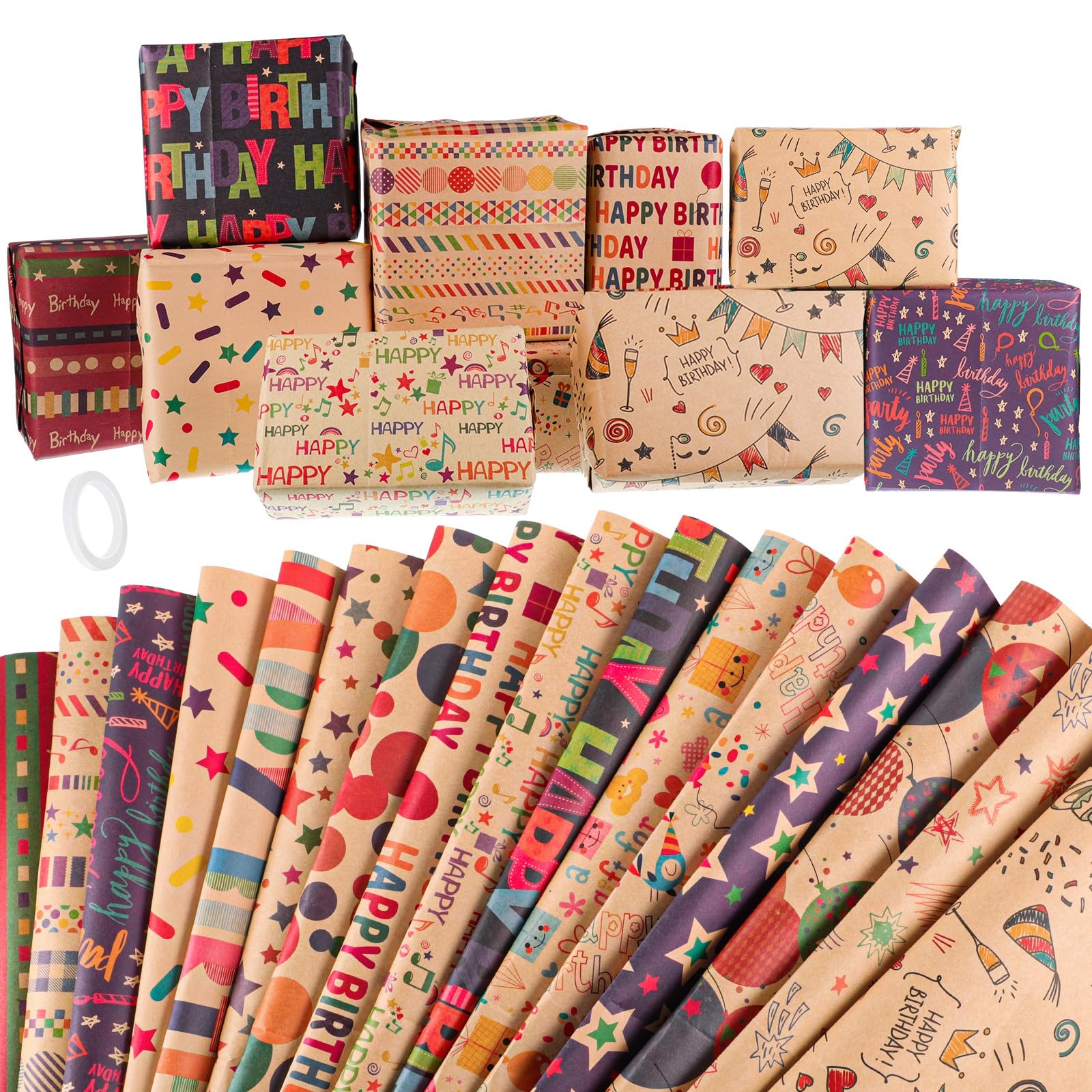 Gift Wrapping Paper, 16 Sheets Birthday Gift Wrap Kraft Wrapping Paper ...