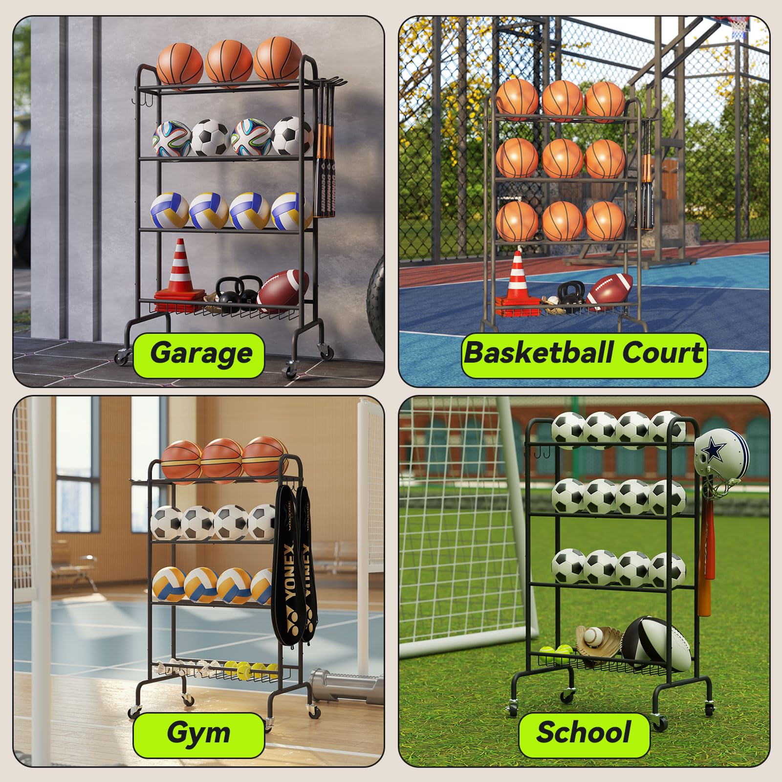 Snapklik.com : IBUYKE Basketball Rack, 4-Layers Rolling Ball Storage Rack