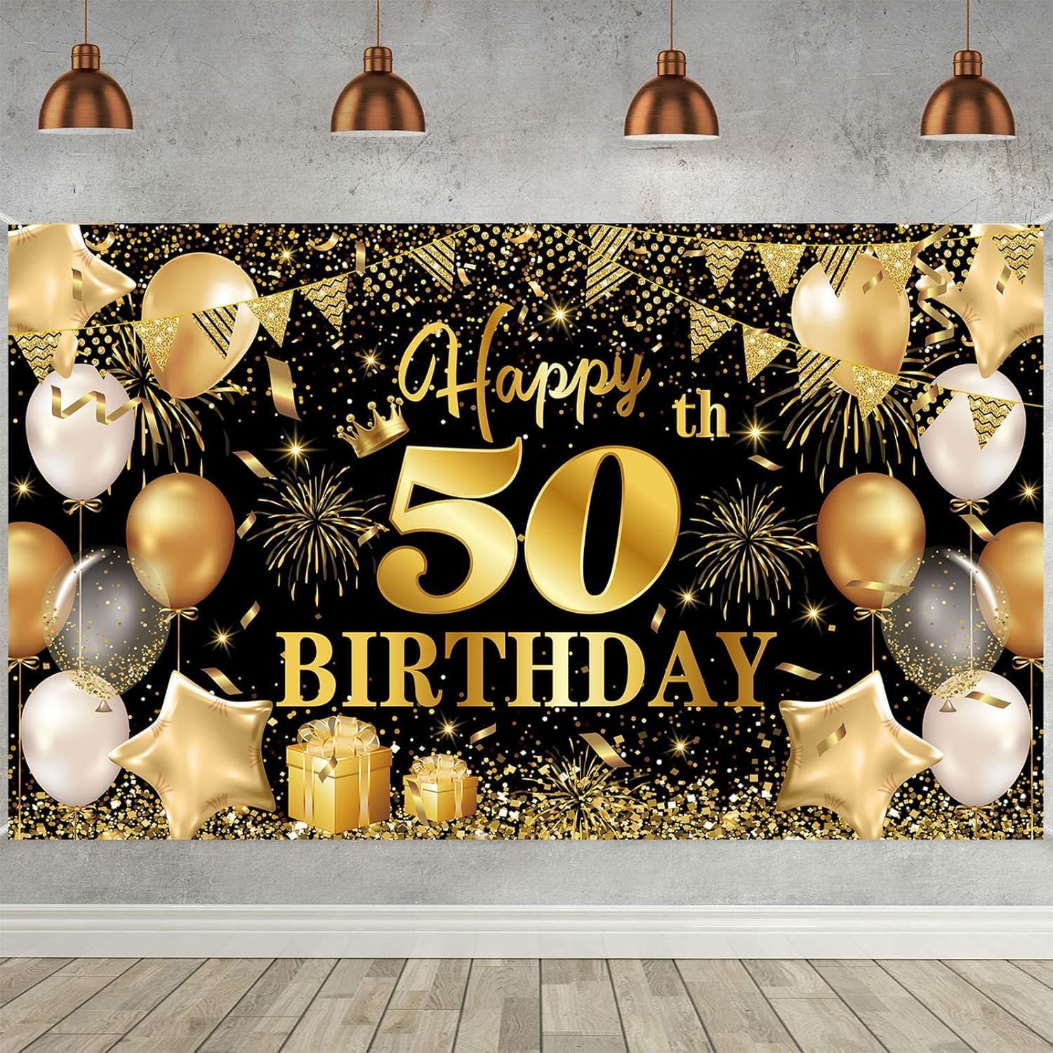 Amazon.com : Happy 50th Birthday Backdrop Banner Black Gold 50th ...