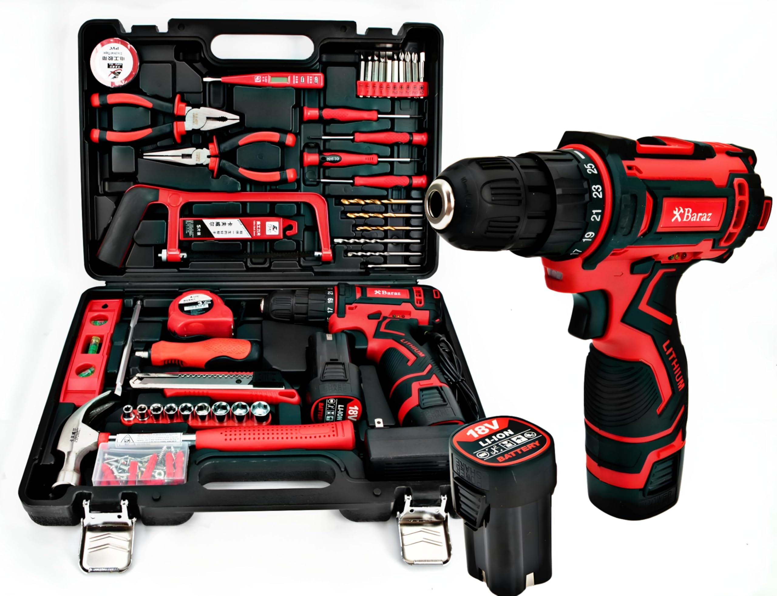 132 Pcs Home Tools Kit with 18v Power Cordless Drill Bit Set, Baraz ...