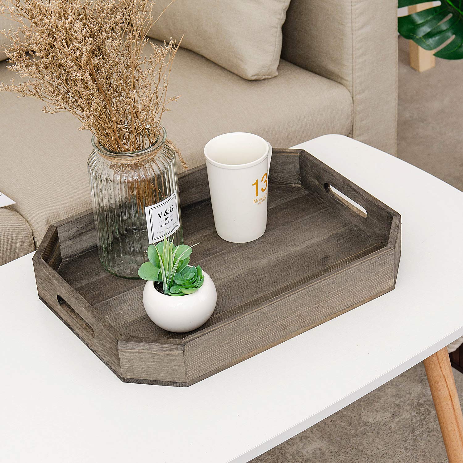 Grey Octagon Country Rustic Wood Nesting Breakfast Serving Trays,Coffee ...