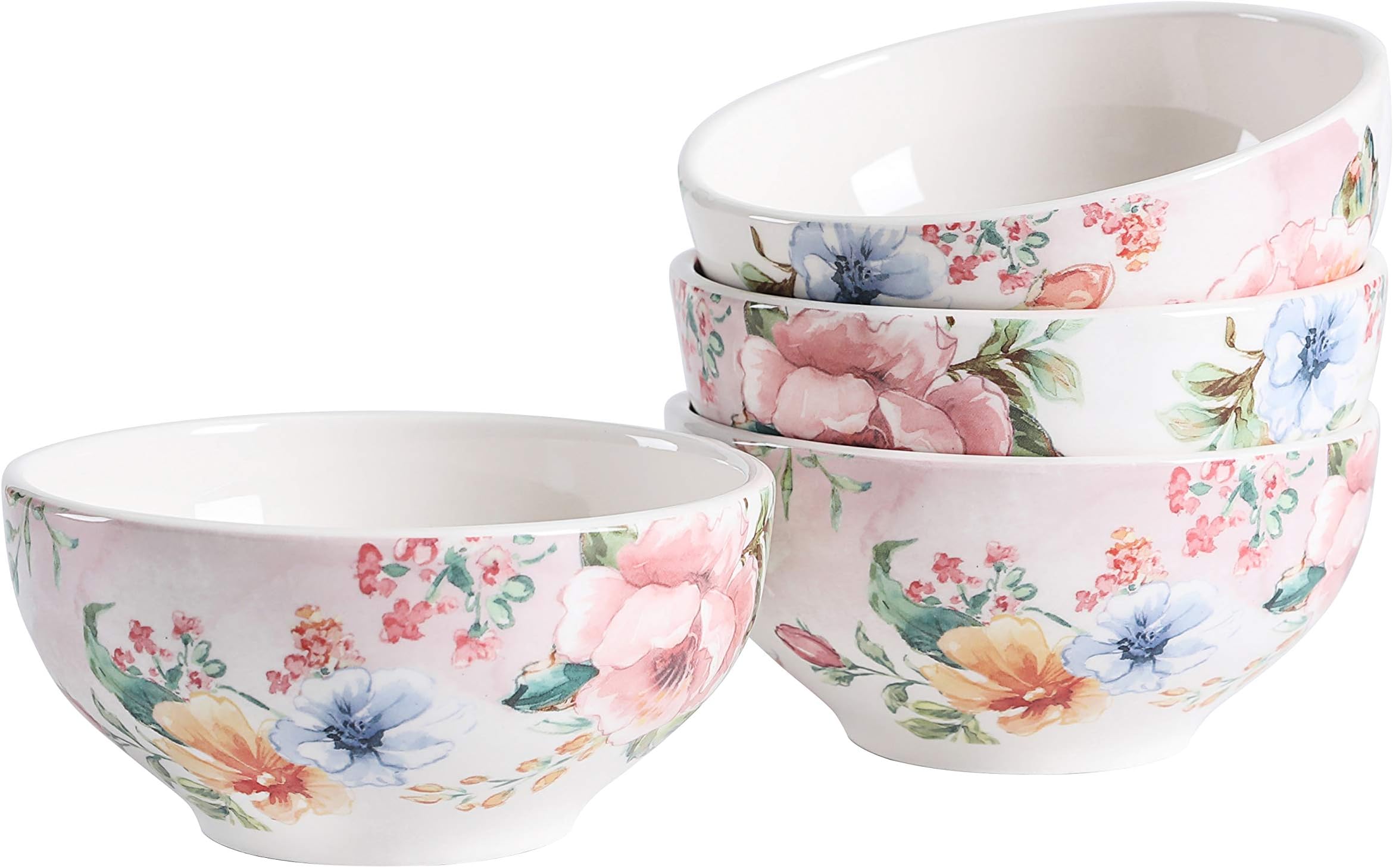 Amazon.com | Bico Blue Floral Haven Ceramic Cereal Bowls Set of 4, 26oz ...