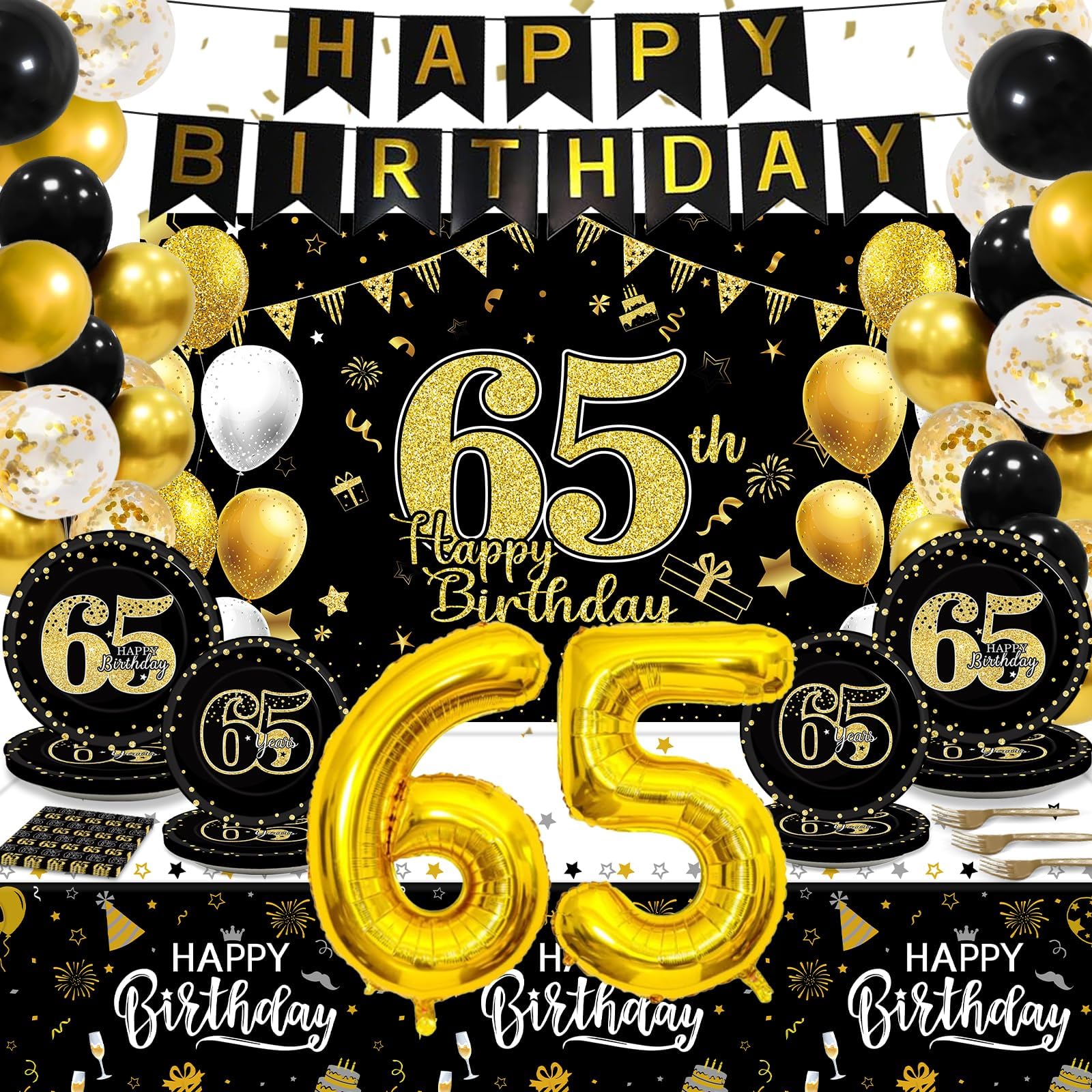 Amazon.com: 143 Pcs 65th Birthday Party Supplies Set for 24 Guests 65th ...