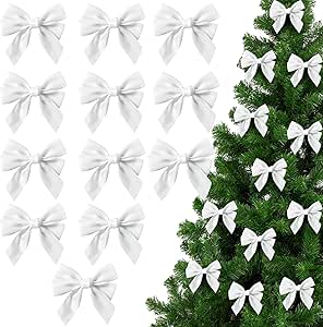 12pc White Christmas Tree Bow Decorations 12cm - Hanging Bows for Tree ...