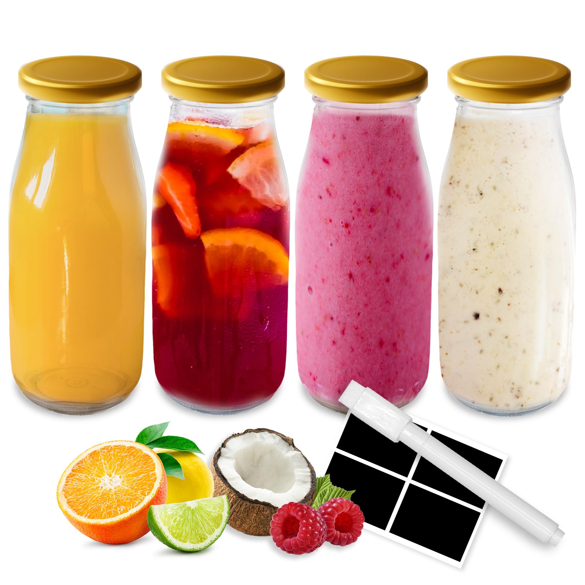 volila Glass Milk Bottles with Lids - 4 Pack x 250ml Glass Bottles with ...