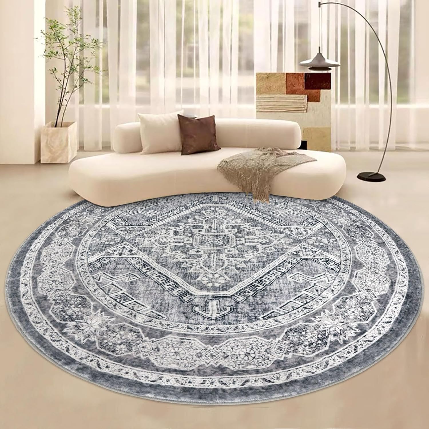 Amazon.com: KUTA Oriental Round Rugs 6ft, Grey Circle Rug Washable 6ft ...