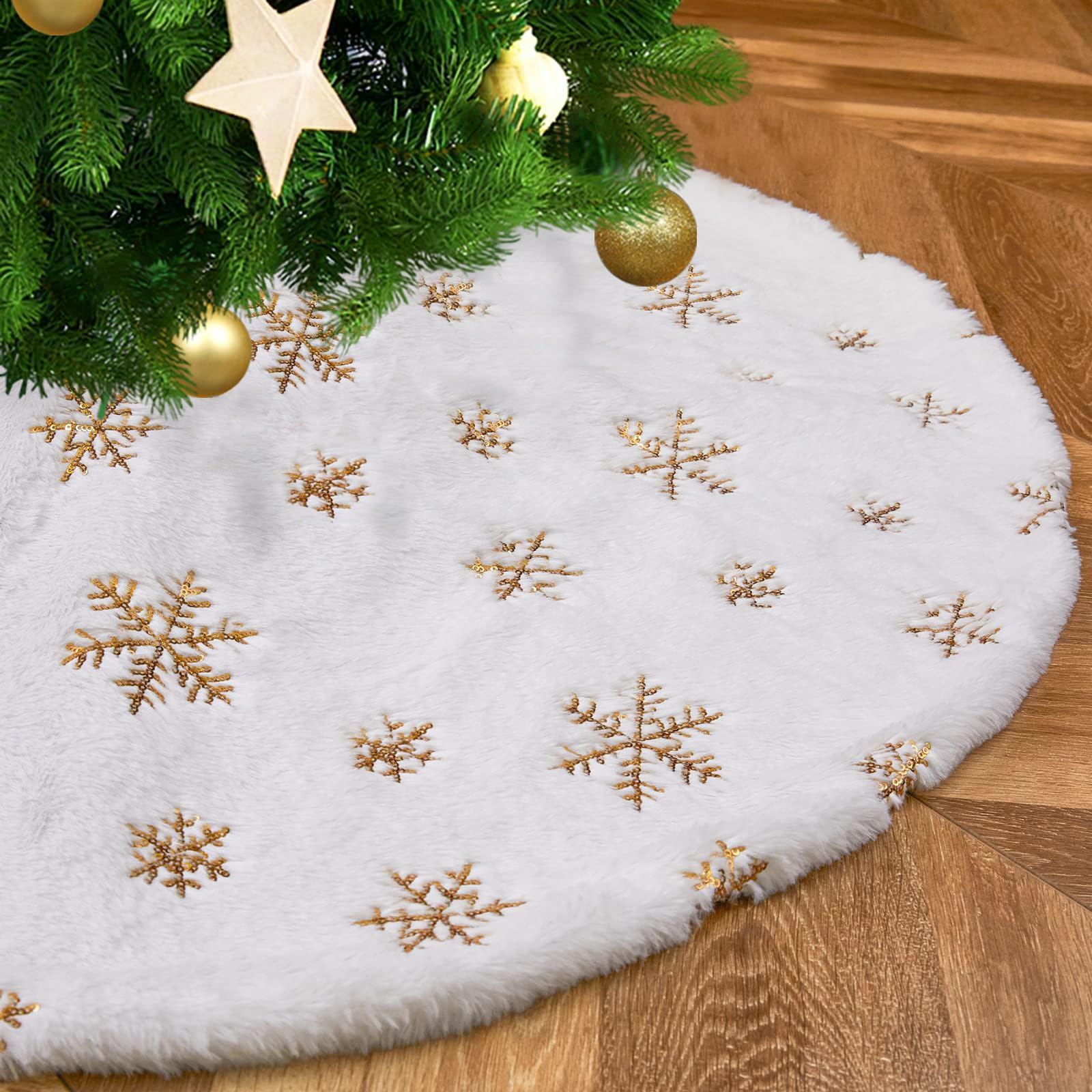 Small Christmas Tree Skirt Gold 24 inches White Faux Fur Tree Skirt for ...