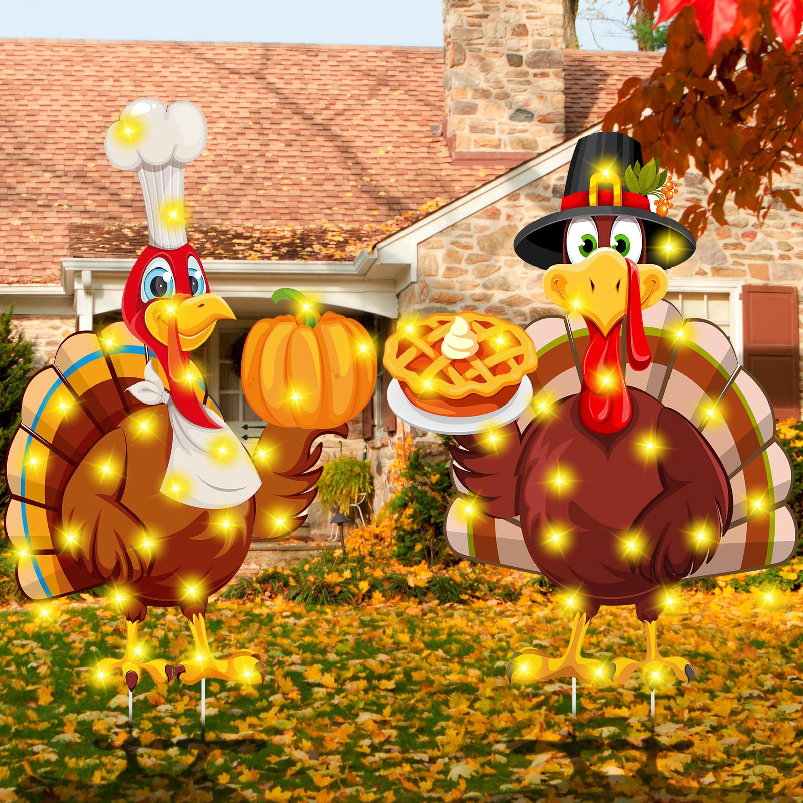 Amazon.com : Soaoo 2 Pack Thanksgiving Turkey Yard Signs with LED ...