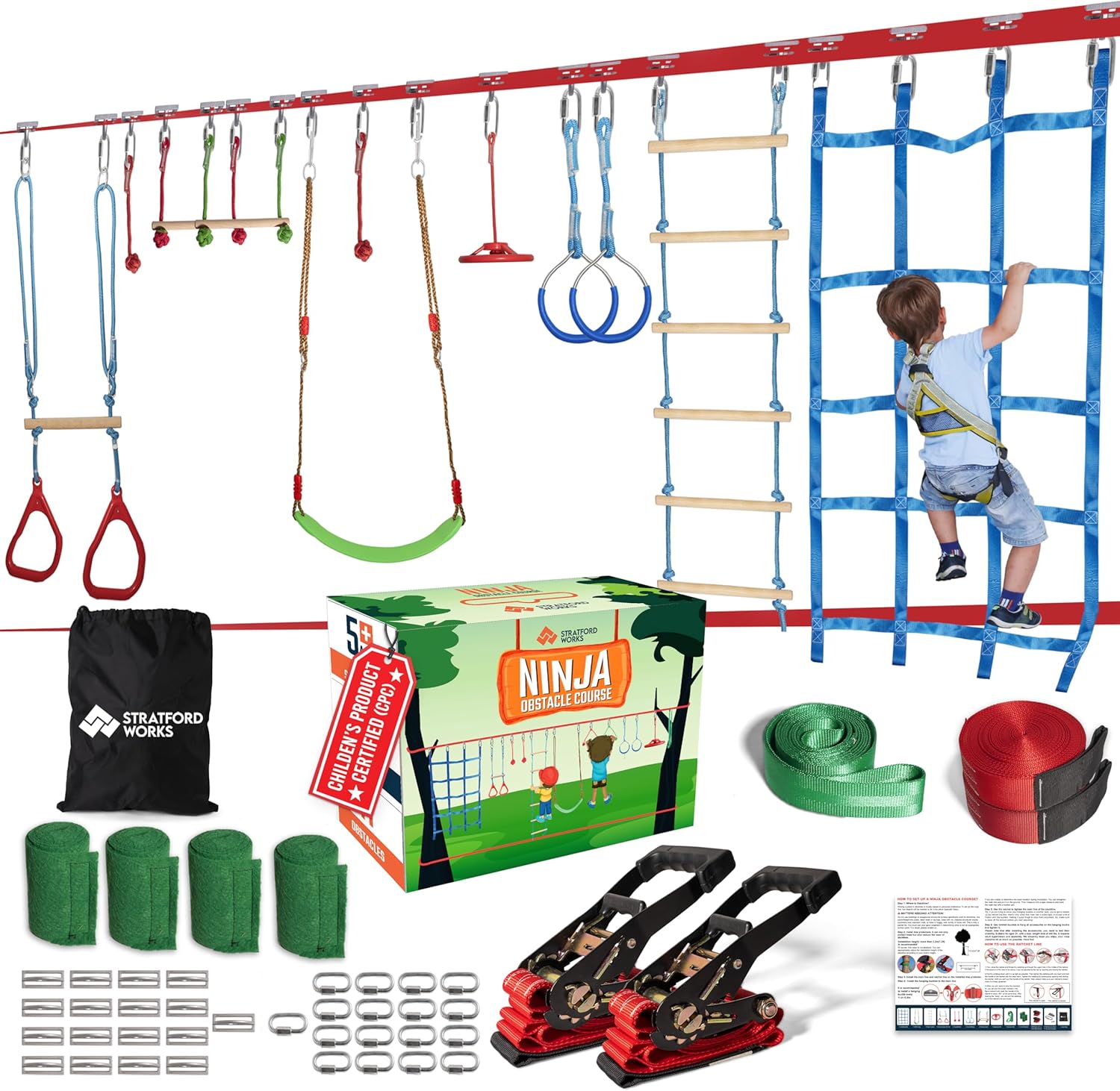 Amazon.com: Ninja Warrior Obstacle Course for Kids – 2x65ft Slackline ...