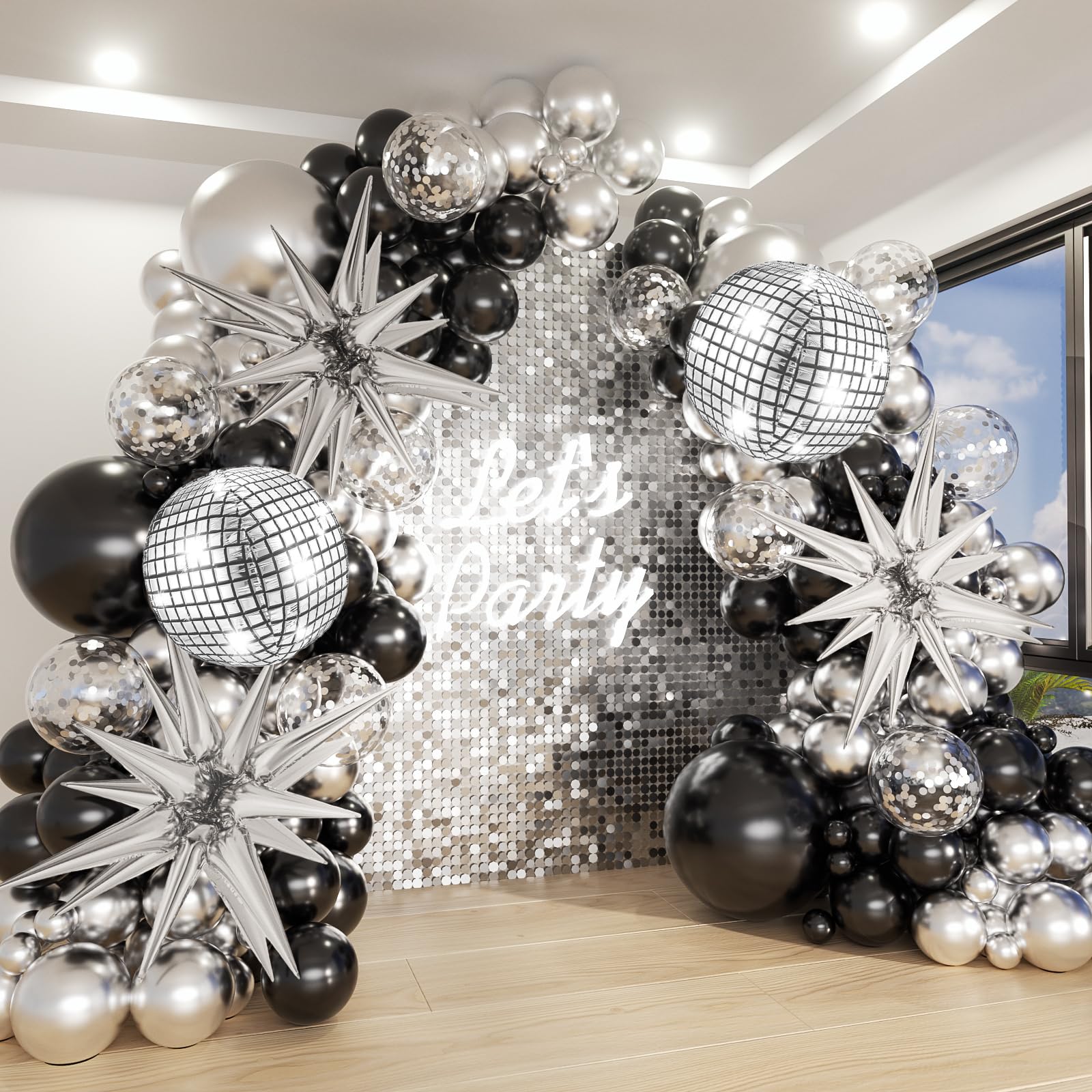 Amazon.com: Black and Silver Balloon Garland Arch Kit with Disco Ball ...