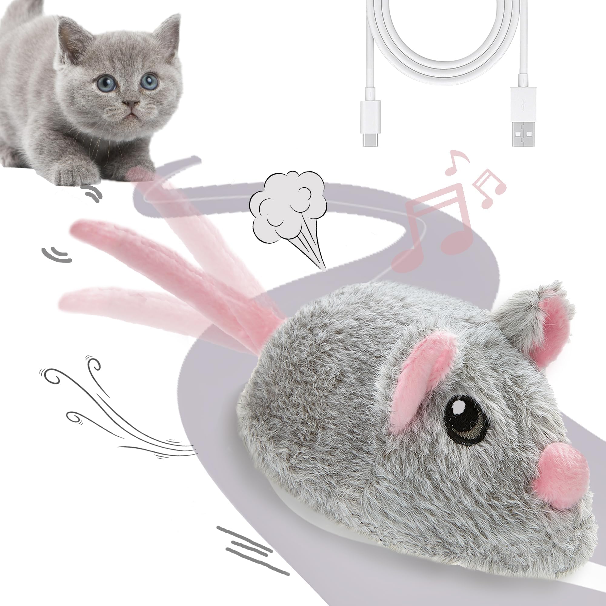 Vealind Cat Toys Rechargeable Mouse with Wagging Tail, Lifelike Squeak ...