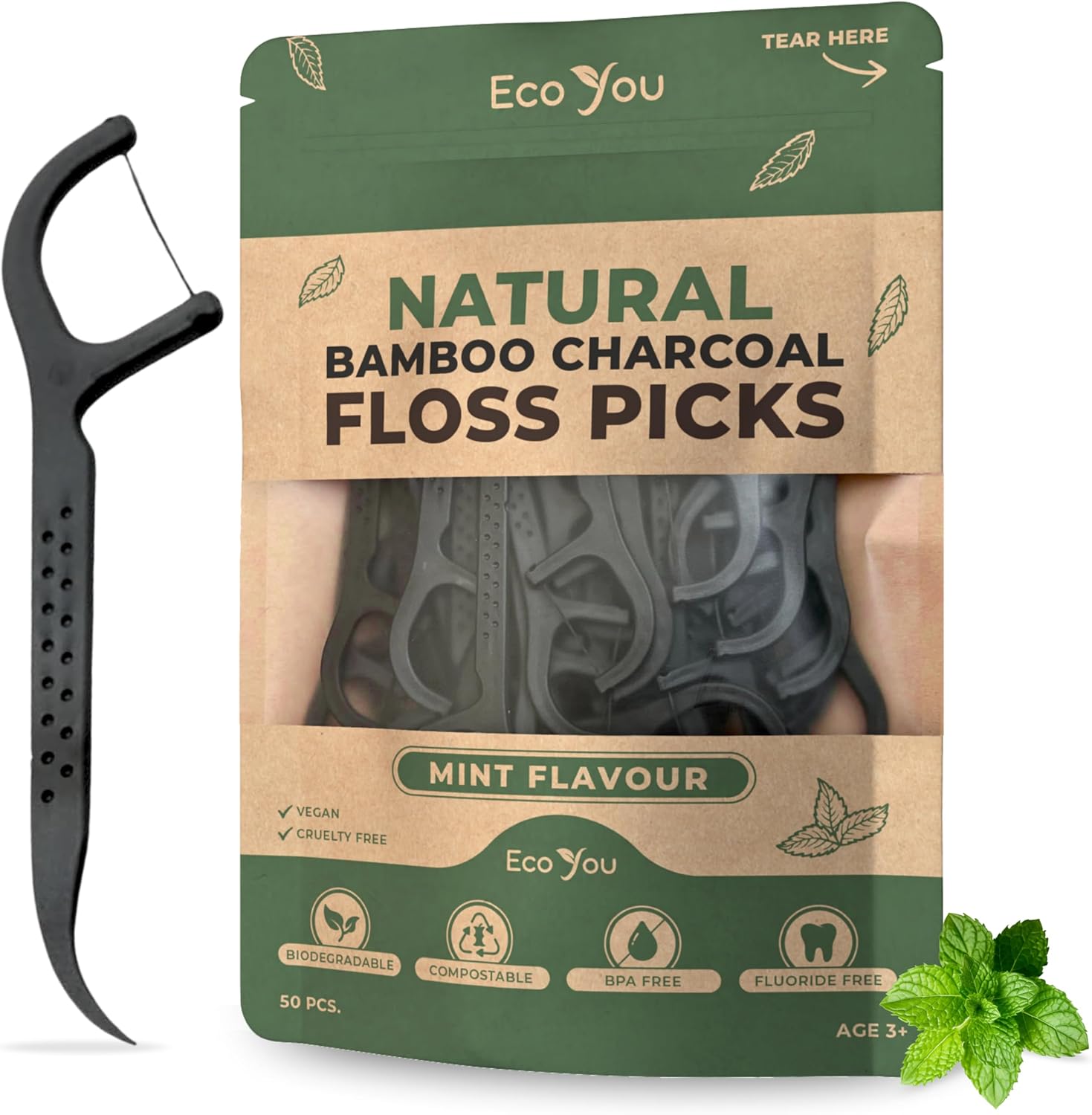 Amazon.com : Biodegradable Floss Picks | 50 Count (1 Pack) | Mint ...