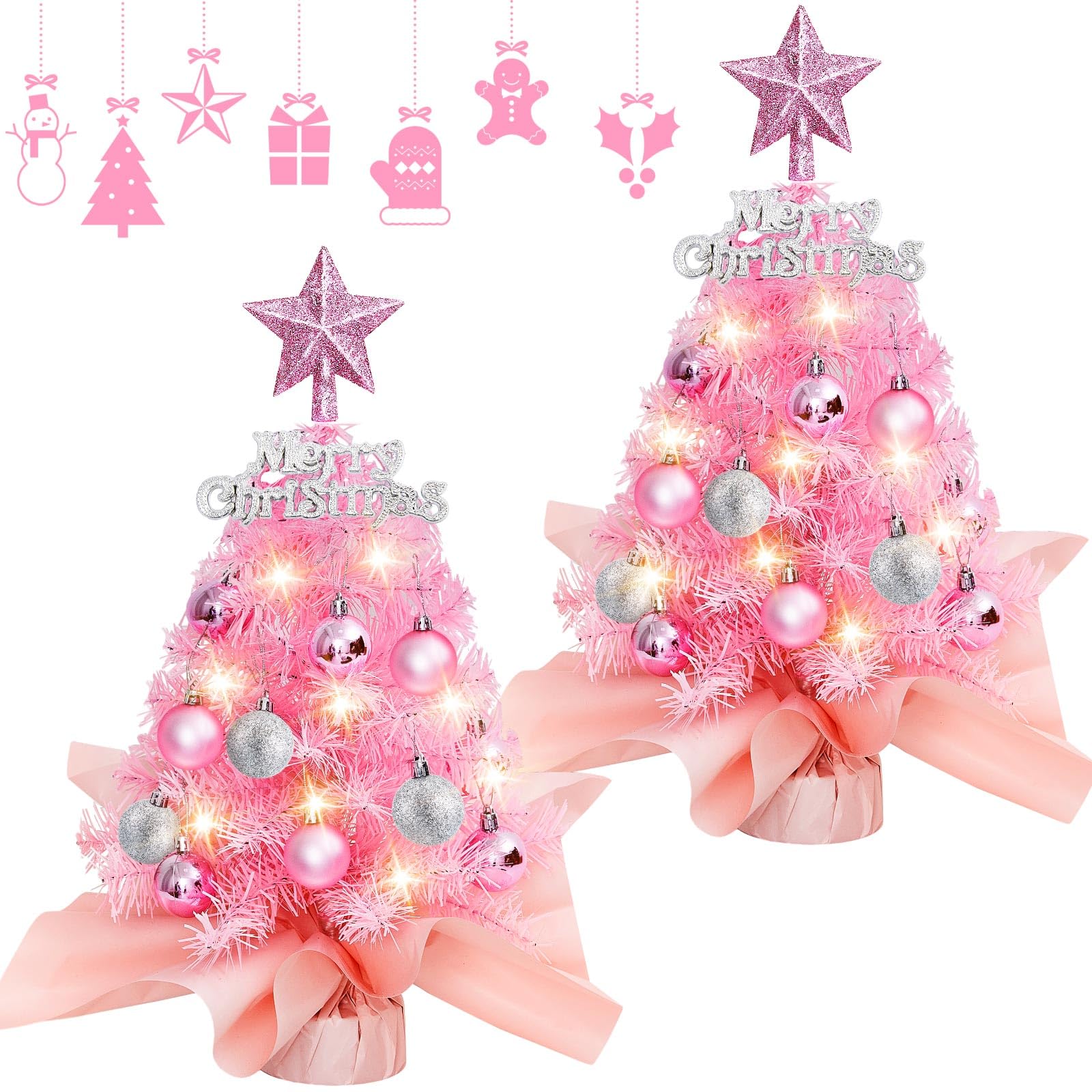 Syhood 2 Pack Mini Pink Christmas Tree Set Tabletop Christmas Tree ...