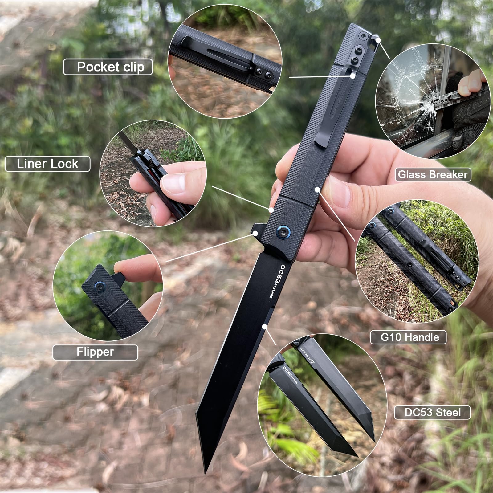 Snapklik.com : FORESAIL Flipper Pocket Folding Knife,Black DC53 Steel ...