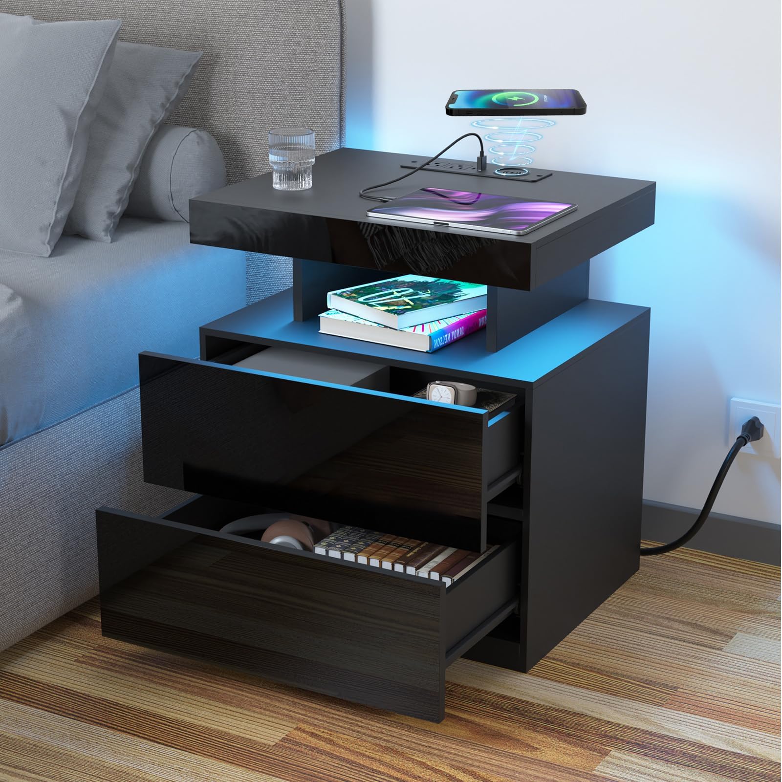 Amazon.com: DOUBUY LED Nightstand with Wireless Charging Station & USB ...