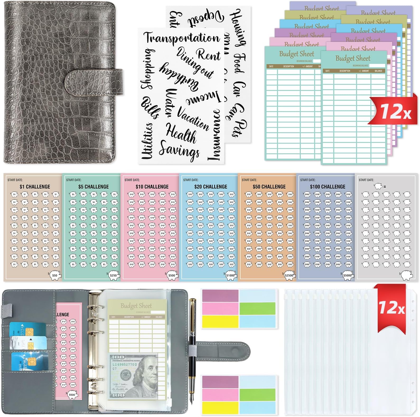 Amazon.com : 2 in 1 Money Saving Binder, A6 Budget Binder with 12pcs ...