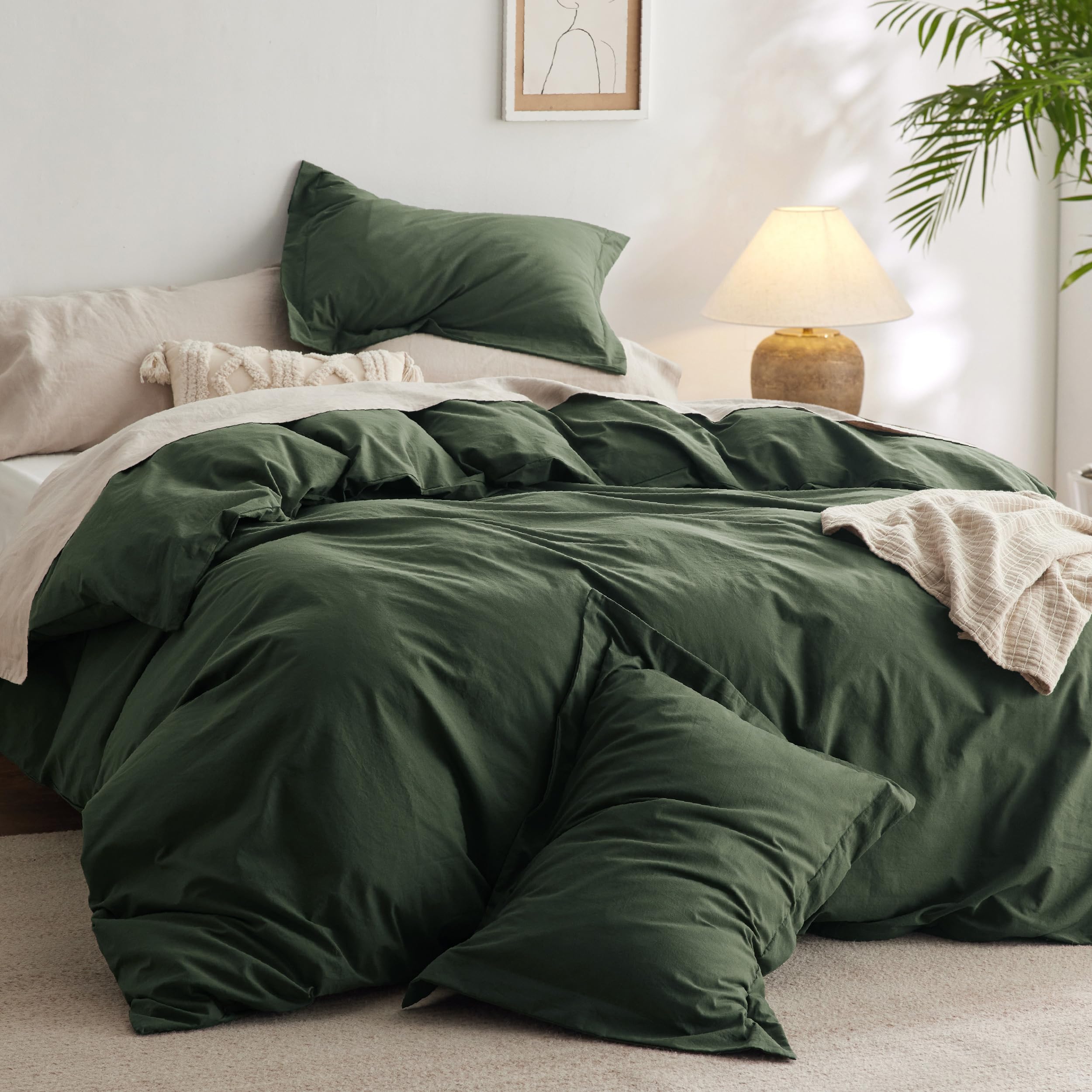Amazon.com: Bedsure 100% Washed Cotton Duvet Cover Queen - Olive Green ...
