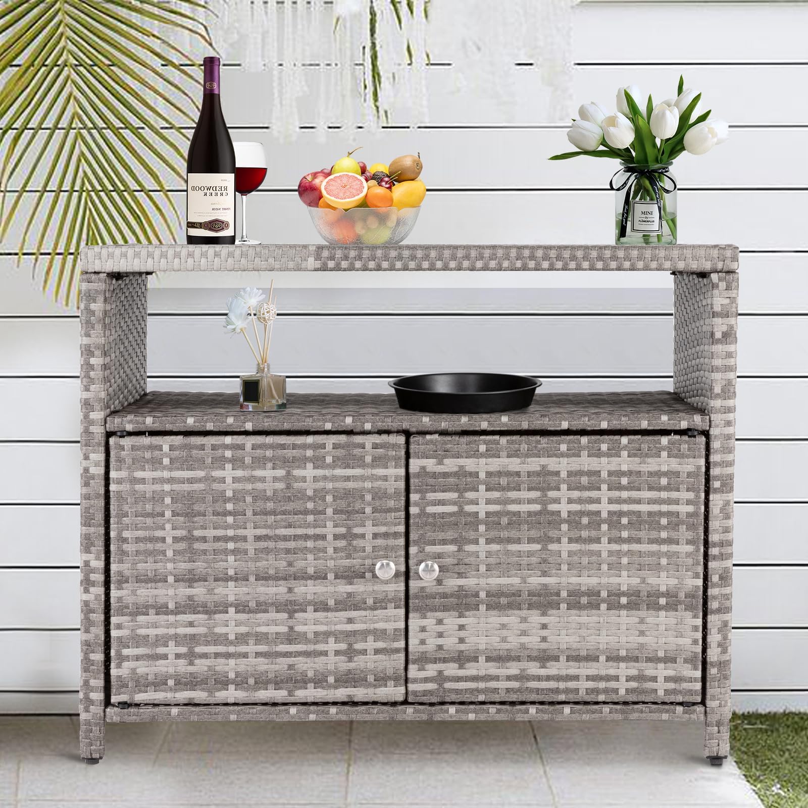 Amazon.com: Outdoor Bar Cart with Storage Cabinet Patio Wicker ...