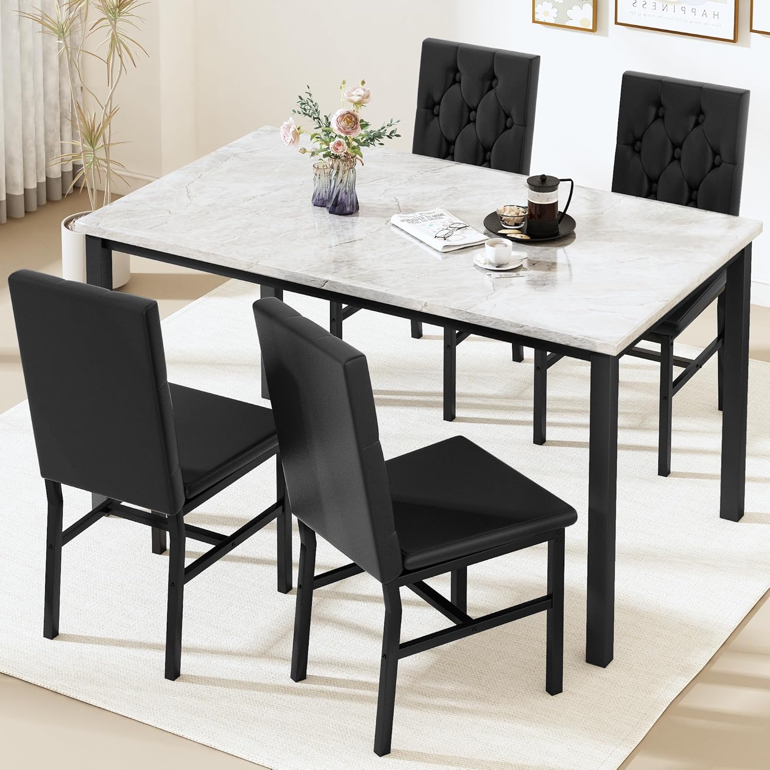 HOOSENG Dining Table and Chairs Set 4, Faux Marble Small Dining Table ...