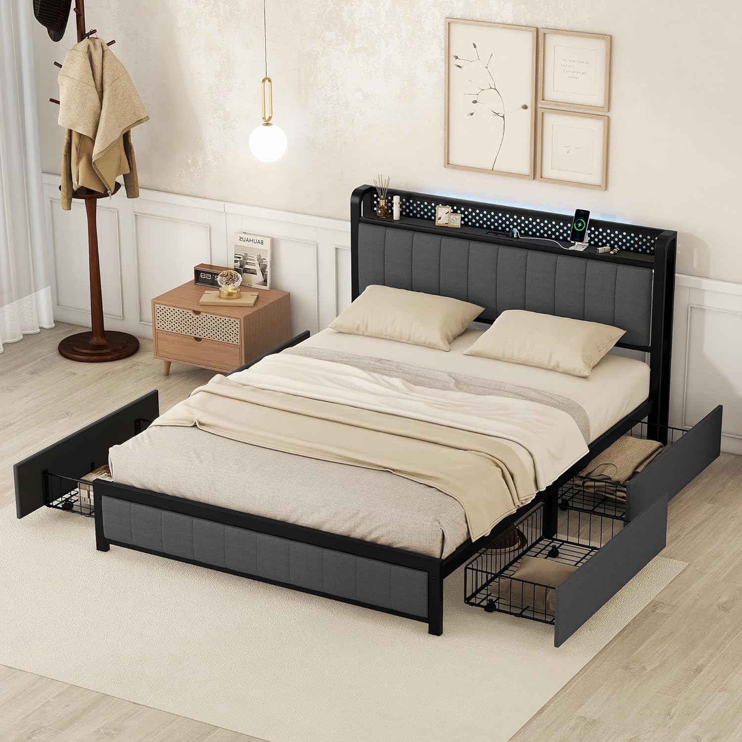 Amazon.com: Queen Bed Frame Storage, Modern Queen Bed Frame with LED ...