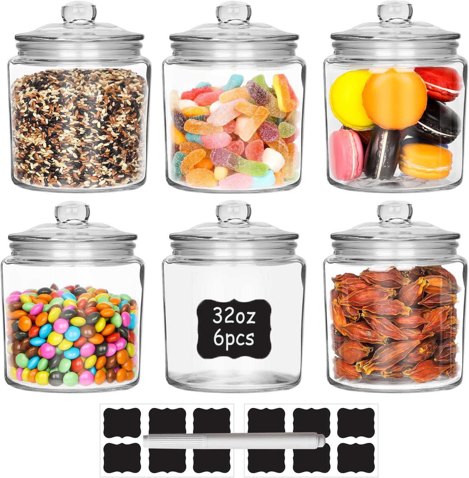 Amazon.com: Keketin 32 oz Glass Cookie Jar,Set of 6 Glass Jars with ...
