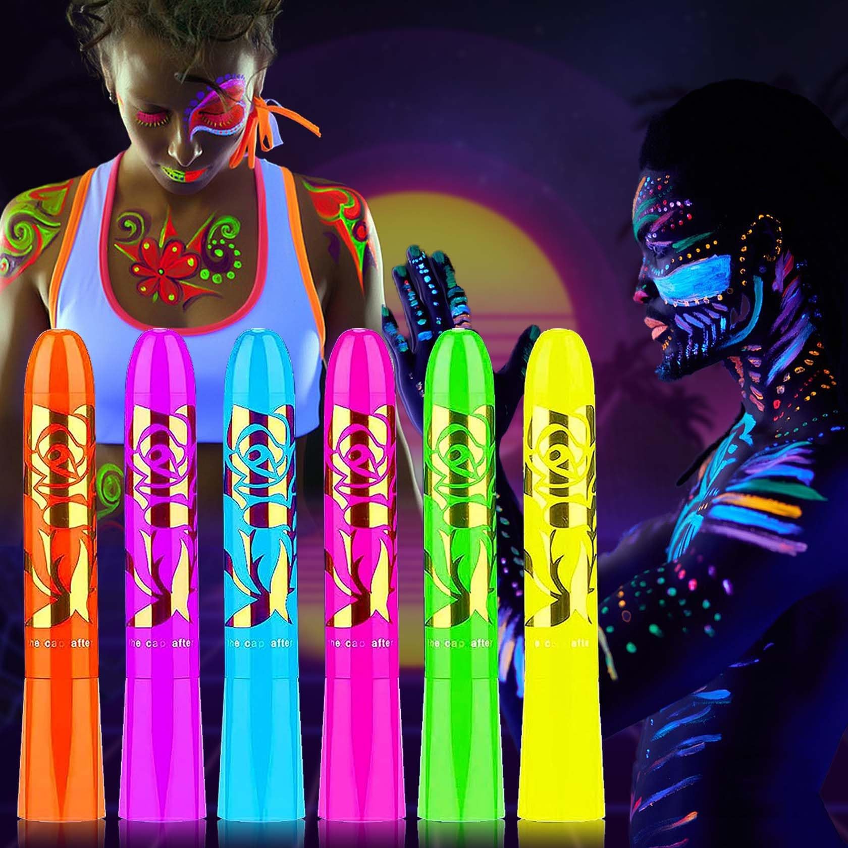 Amazon.com : 6 Colors Glow in The Black Light Face Body Paint Sticks,UV ...