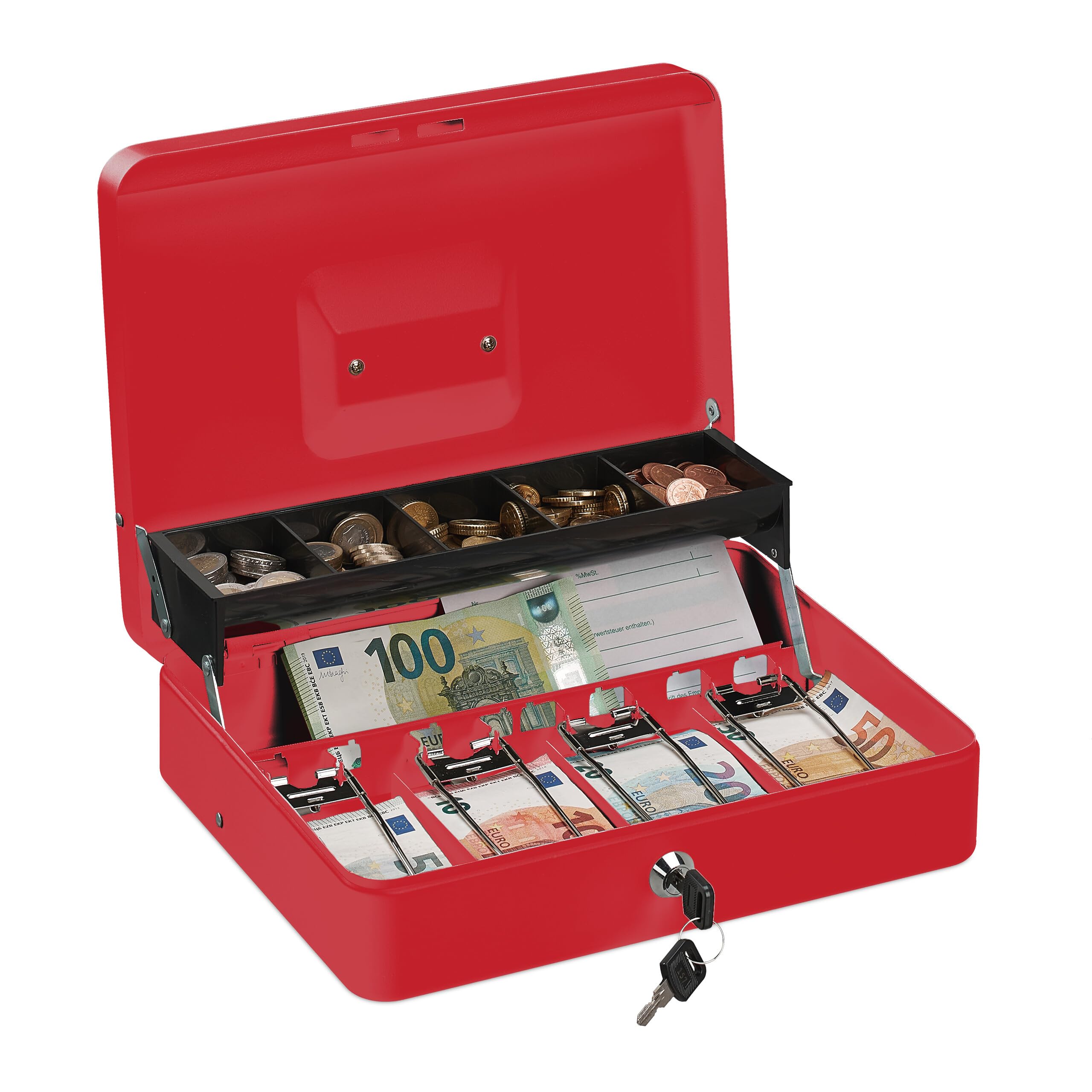 Relaxdays, Red Lockable Cash Box, Coin Insert & 4 Note Compartments ...