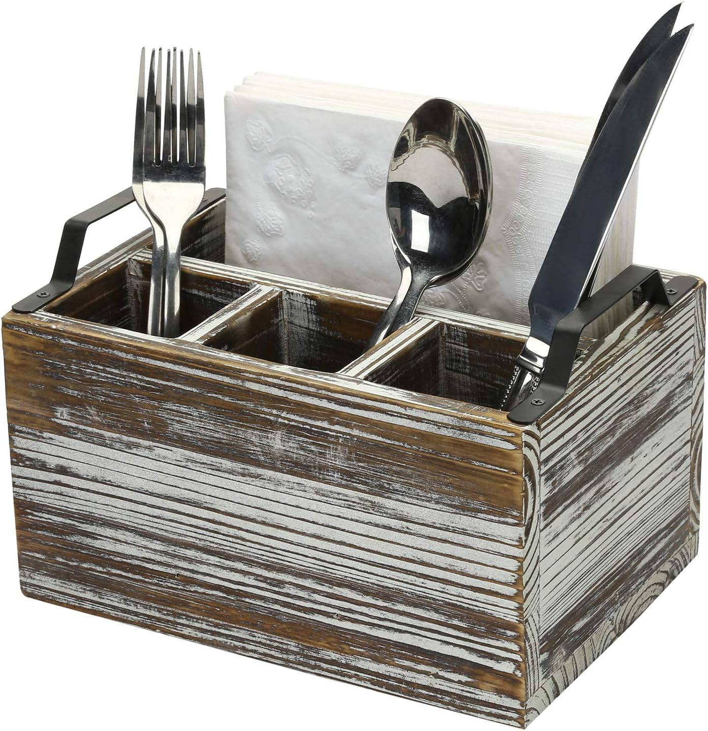 MyGift All-In-One Torched Wood Flatware Serving Caddy - 4 Compartment ...