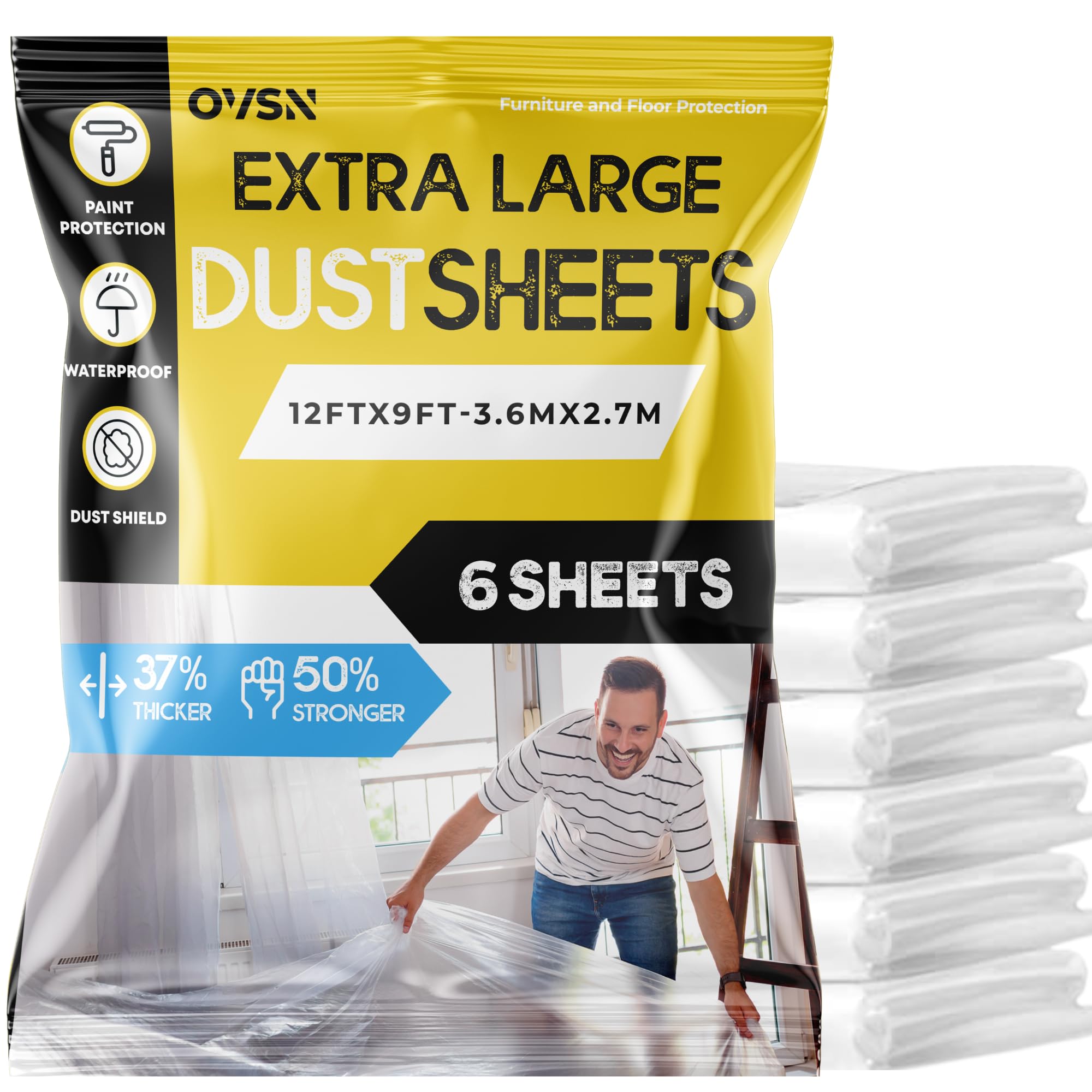 OVSN 6 Pack Extra Large Plastic Dust Sheets for Decorating 3.6m x 2.7m ...
