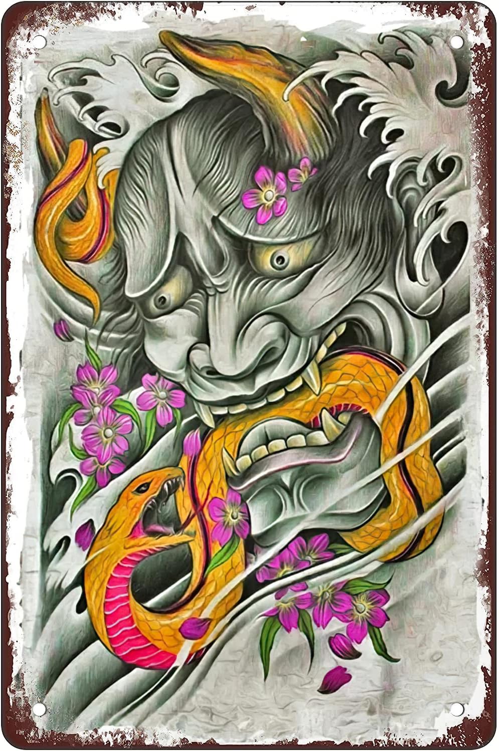 Amazon.com : AEQIUM Nostalgic rust Tin Sign japanese demon oni hannya ...