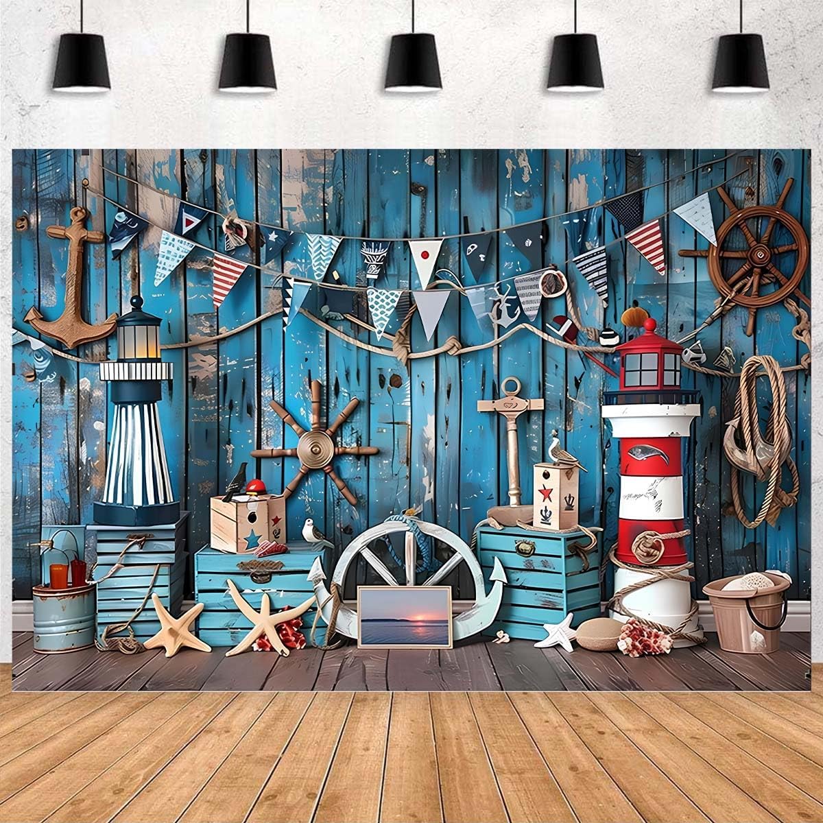 Amazon.com : Blue Wooden Wall Nautical Birthday Backdrop Yacht Rock ...