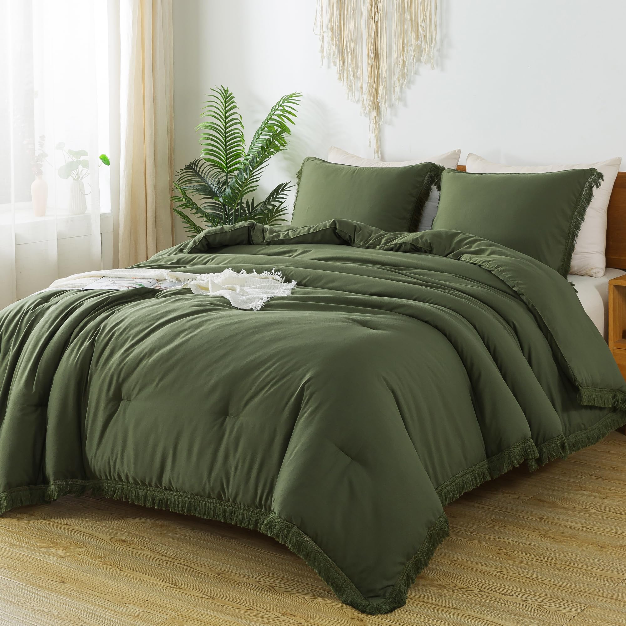 Amazon.com: Andency Olive Green Comforter Set Queen, 3 Pieces Boho ...