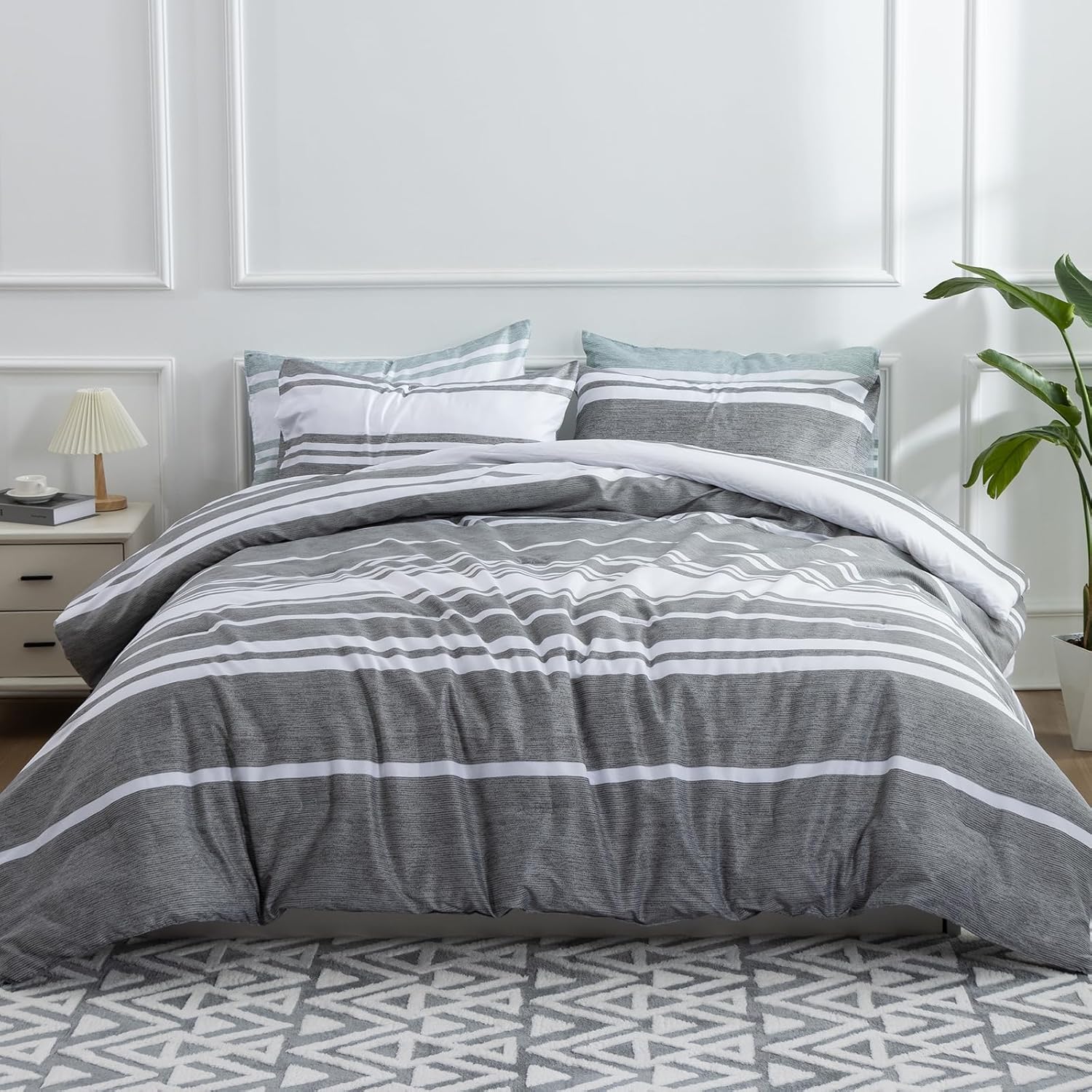 Amazon.com: A Nice Night Grey White Bed Set, 3 Pieces Striped ...