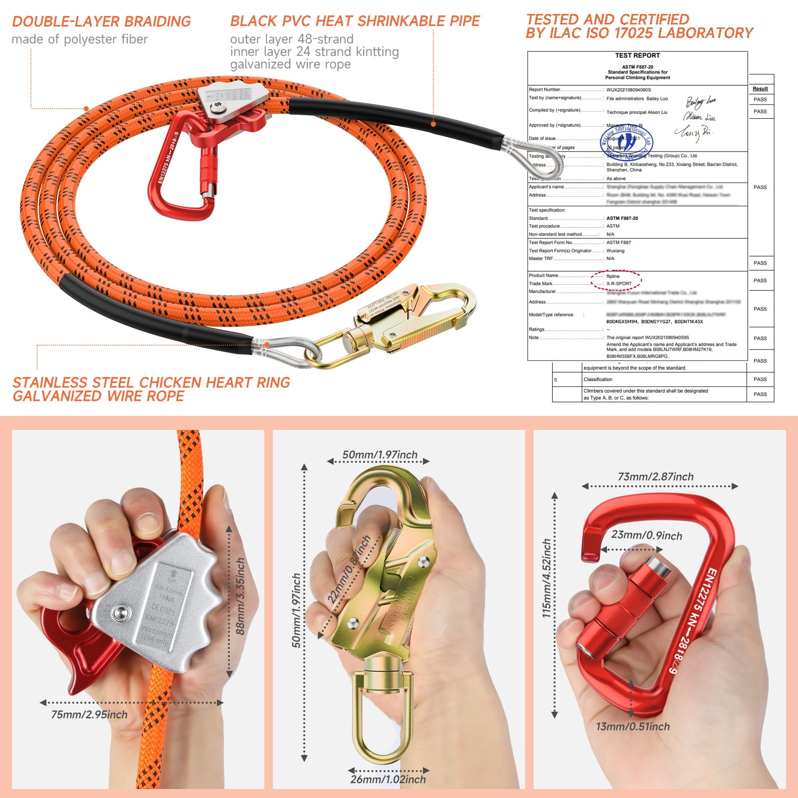 Arborist Equipment Trsmima Steel Wire Core Flipline 8ft Fall Protection ...