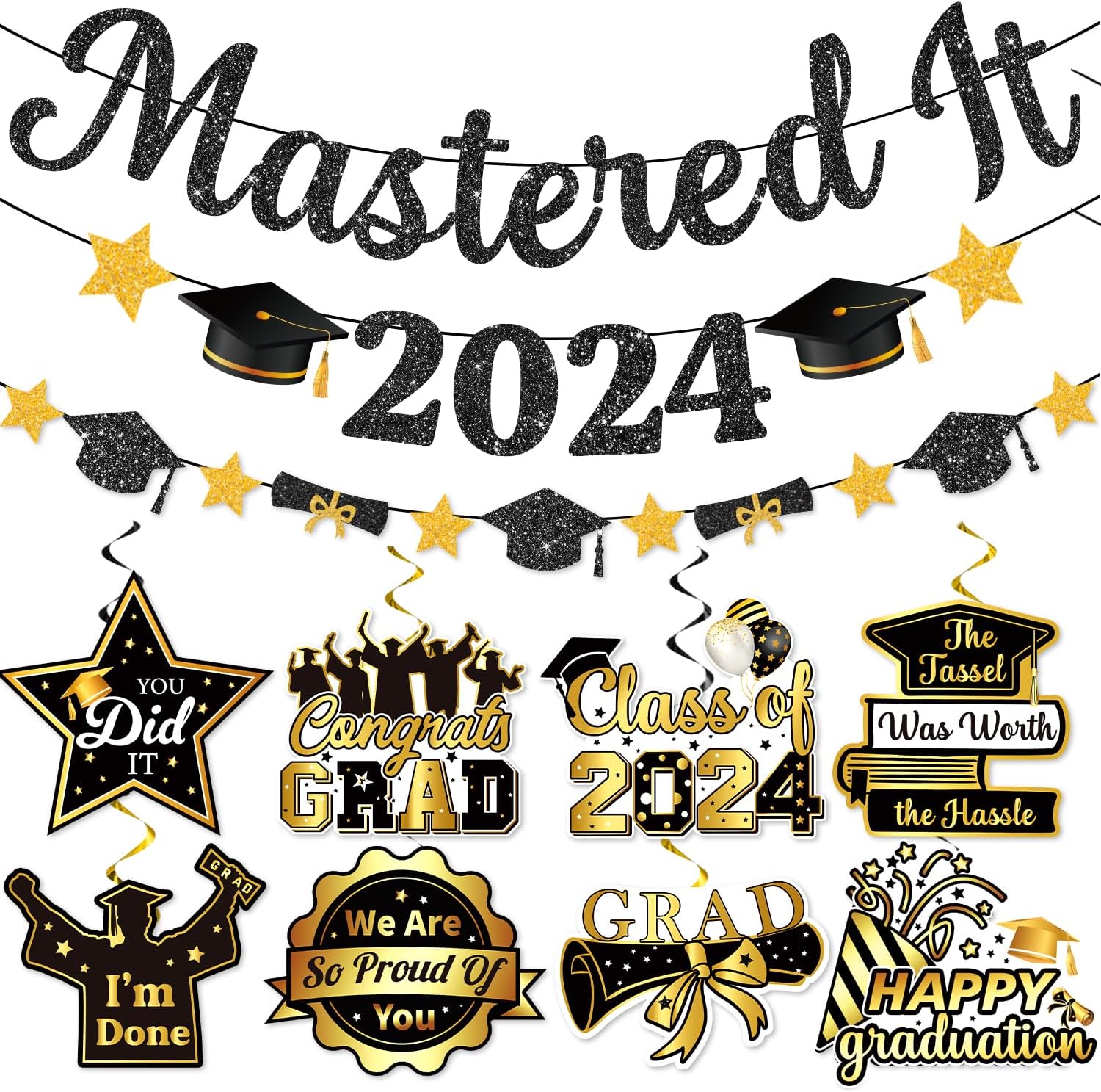 Amazon.com: Mastered It Graduation Decorations, Black Gold Glitter ...