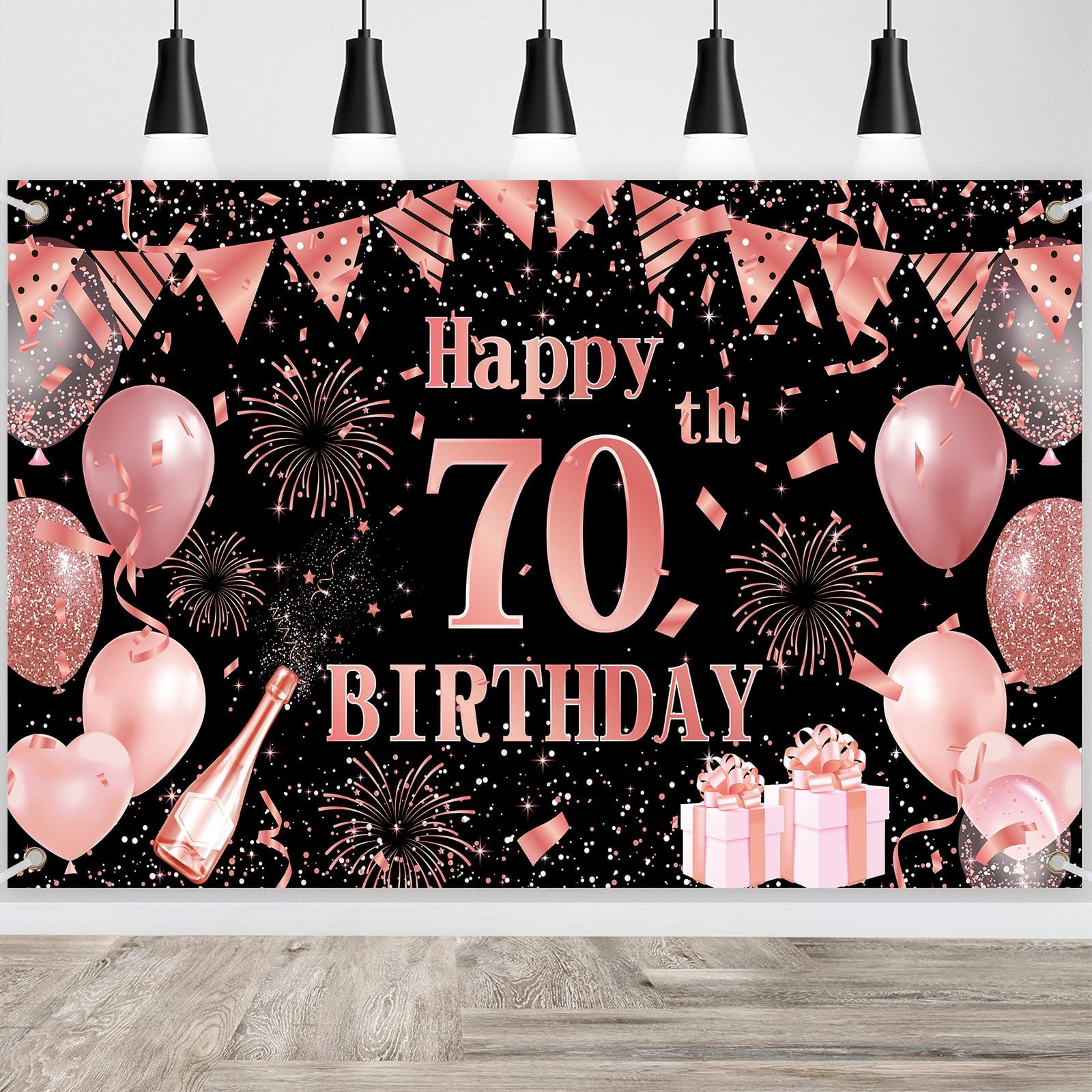 Happy 70th Birthday Backdrop Banner, Black Rose Gold Birthday Party ...