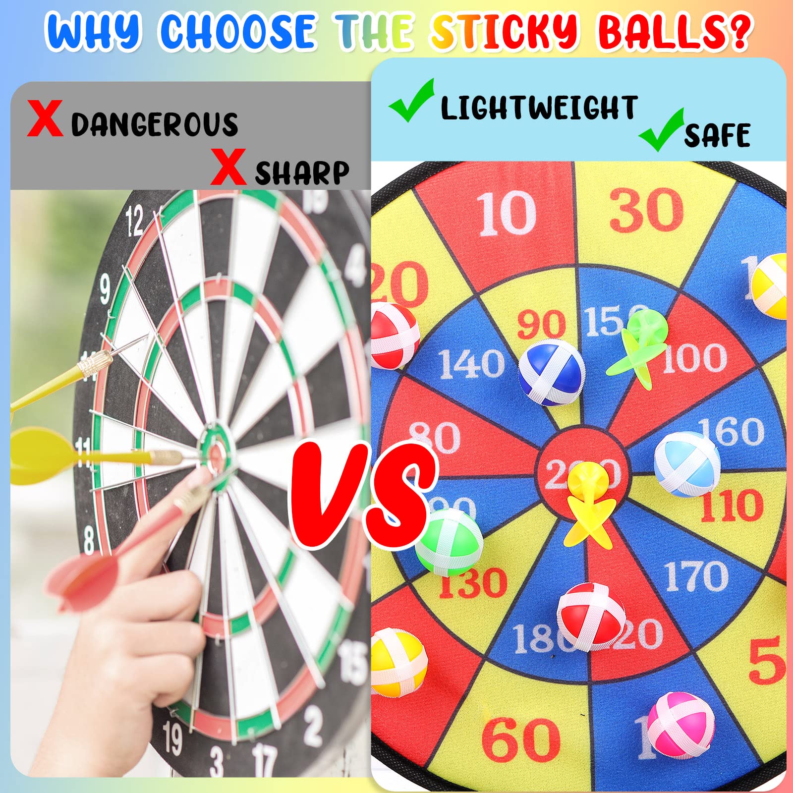 Honoson 120 Pcs Sticky Balls and Plastic Darts Set for Fabric Dart Board, Dart Hook and Loop ...