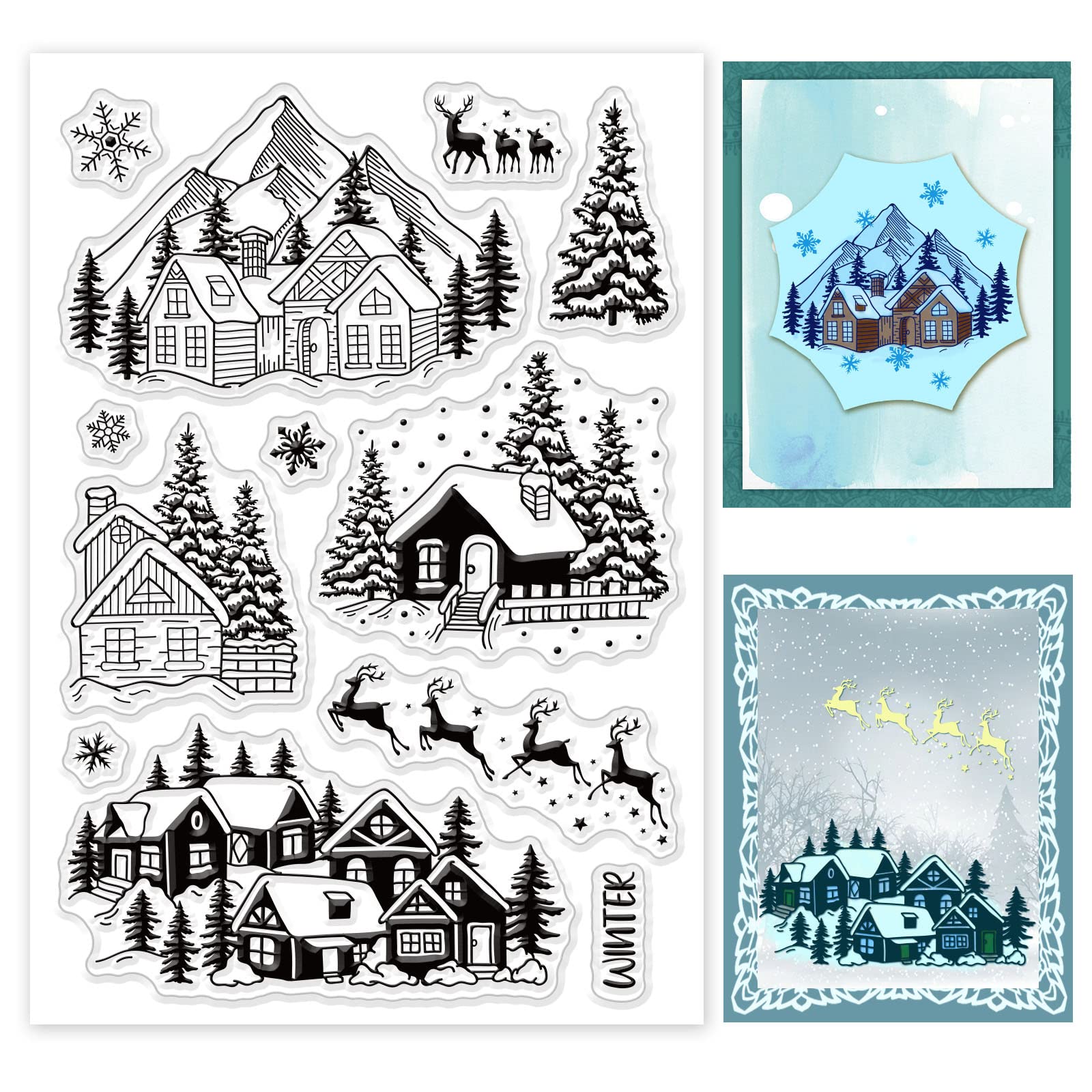 BENECREAT Winter Theme Clear Stamps, Snow House Elk Snowflake Holy Tree ...