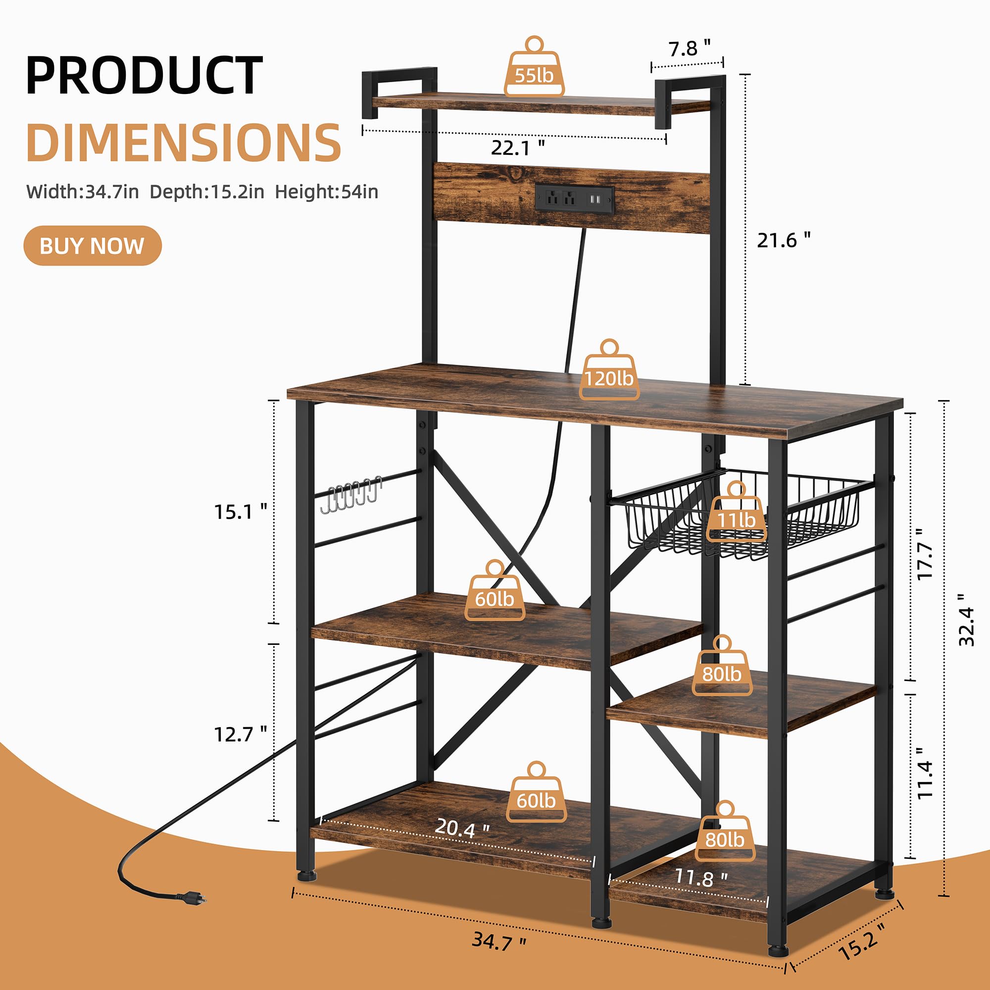 Large Bakers Rack Shintenchi Vintage Brown Kitchen Baker's Rack - With ...