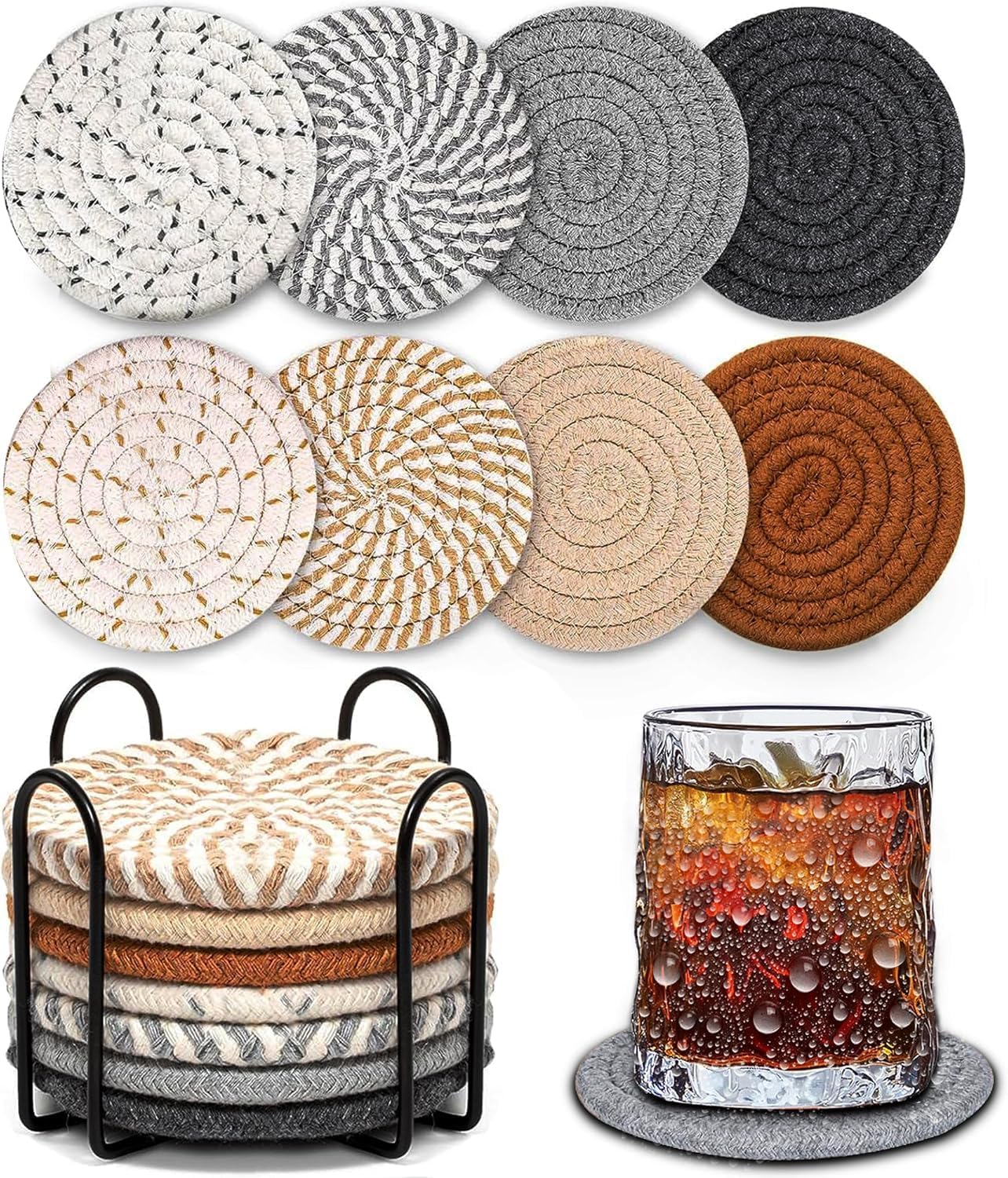 Mumoo Bear 8Pcs Drink Coasters with Metal Holder, Boho Cotton Woven ...