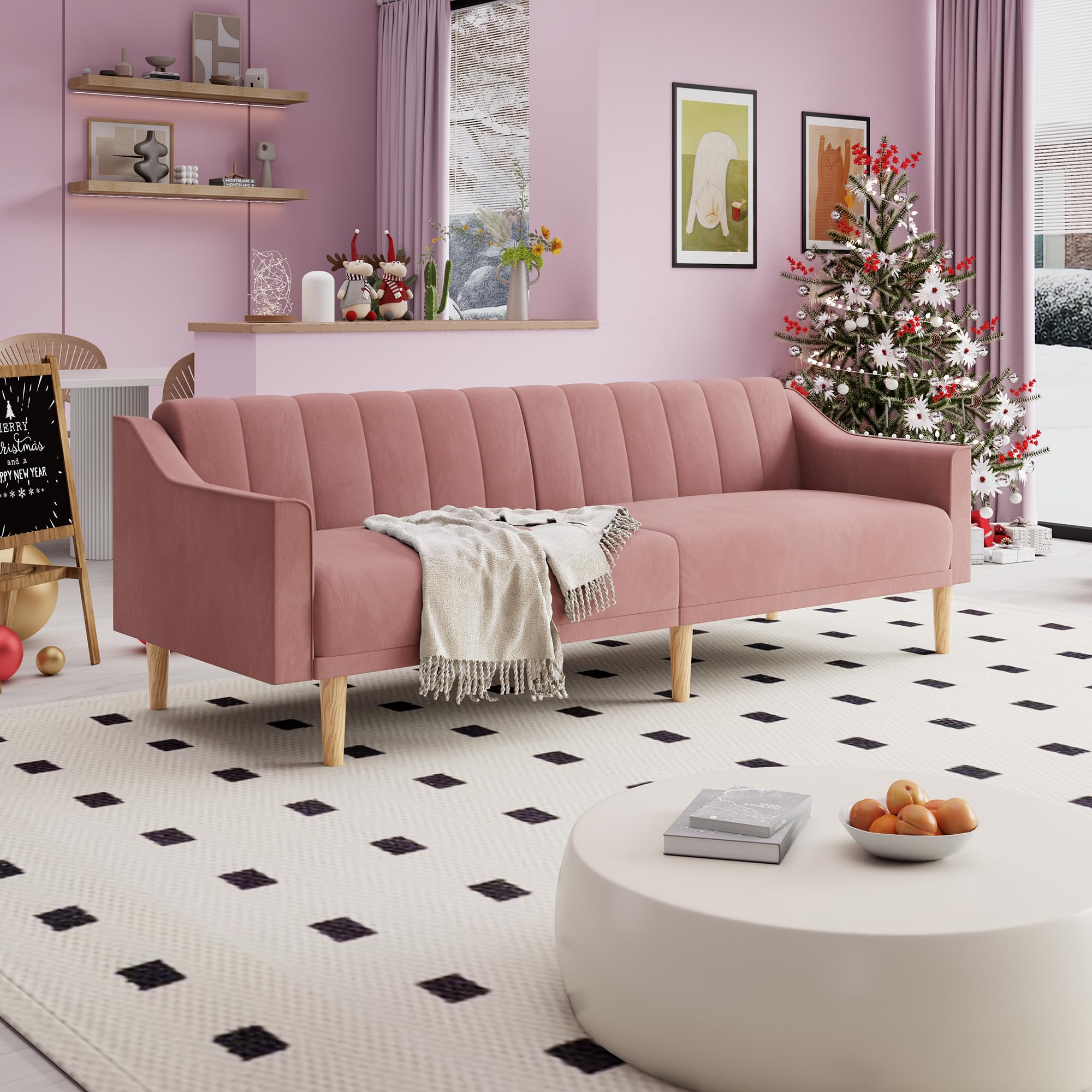 Amazon.com: Velvet Futon Sofa Bed Couch, 74" Pink Convertible Sleeper ...