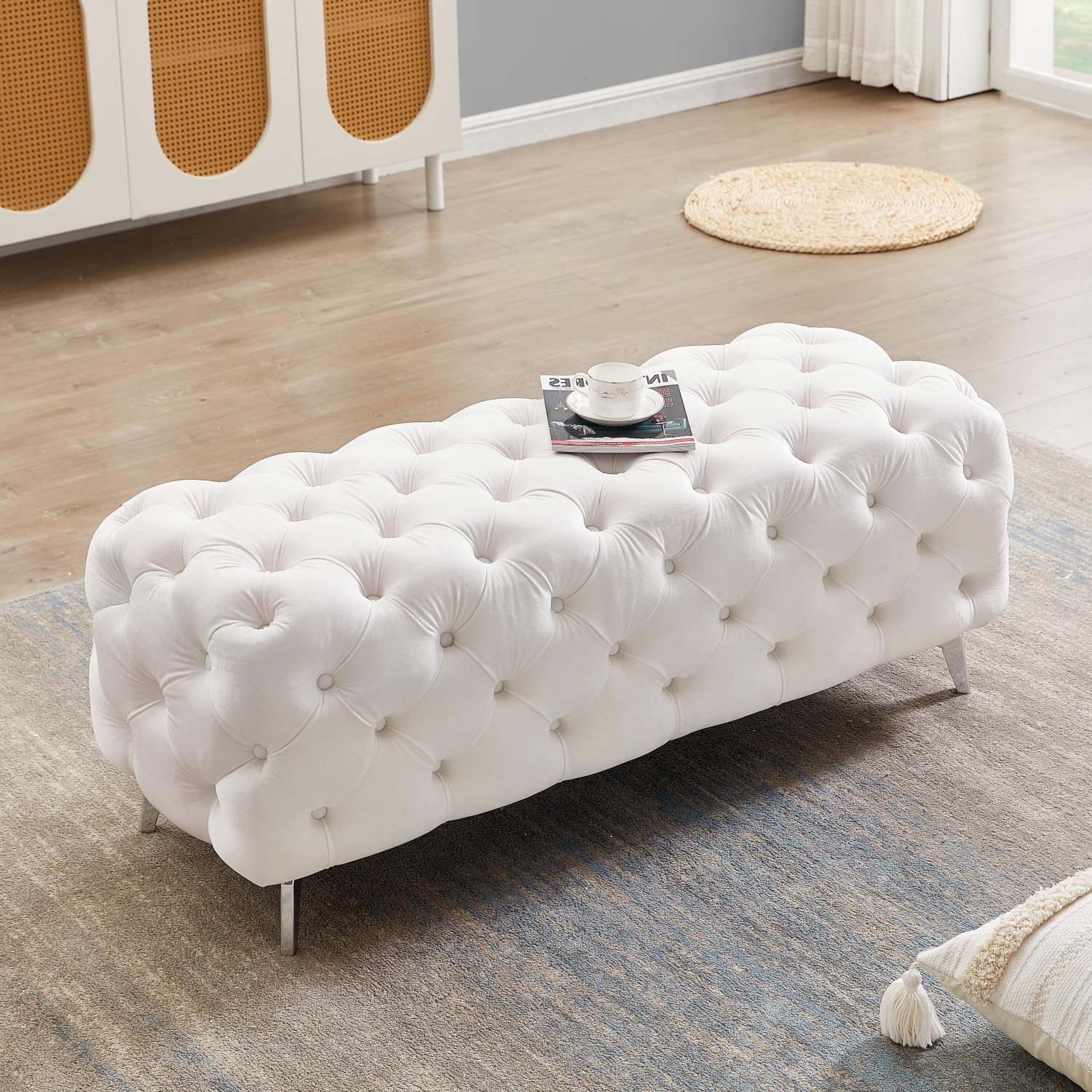 Button Tufted Ottoman Bench, Ottoman Foot Rest with Metal Legs, Velvet ...